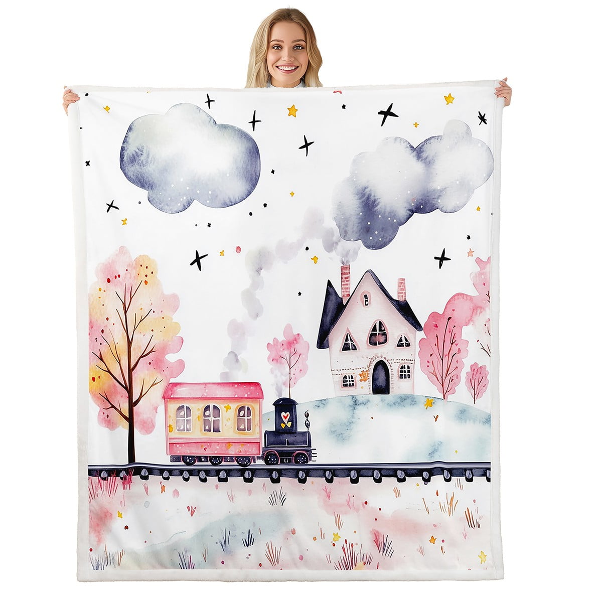 Cartoon Train Throw Blanket Watercolor Cloud Baby 30"X40" Fleece ...