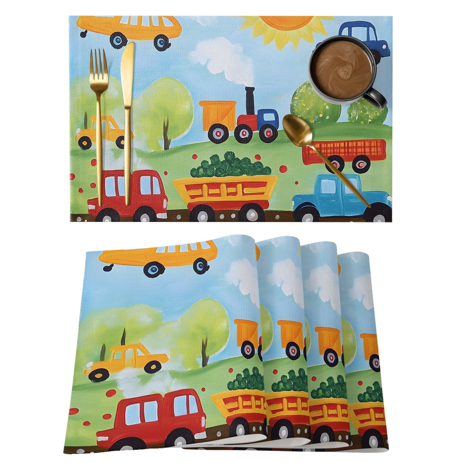 Cartoon Transportation Cotton Linen Placemats Set of 6, Helicopter Car ...