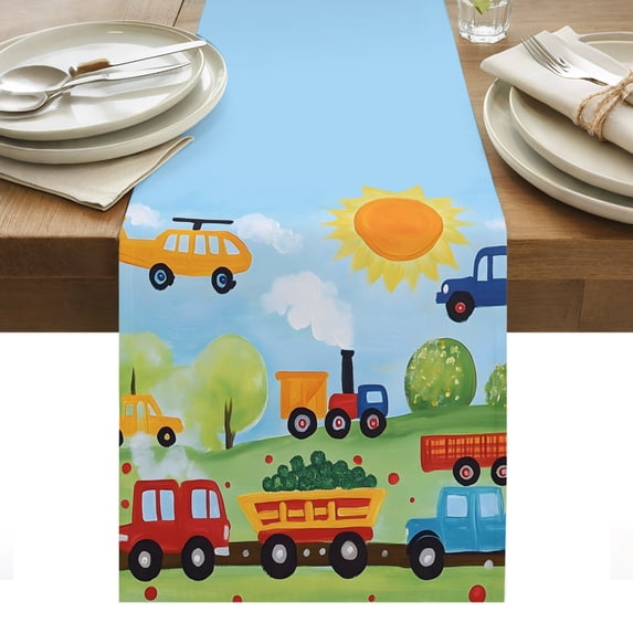 Cartoon Transportation Cotton Linen Table Runner Helicopter Car Train ...