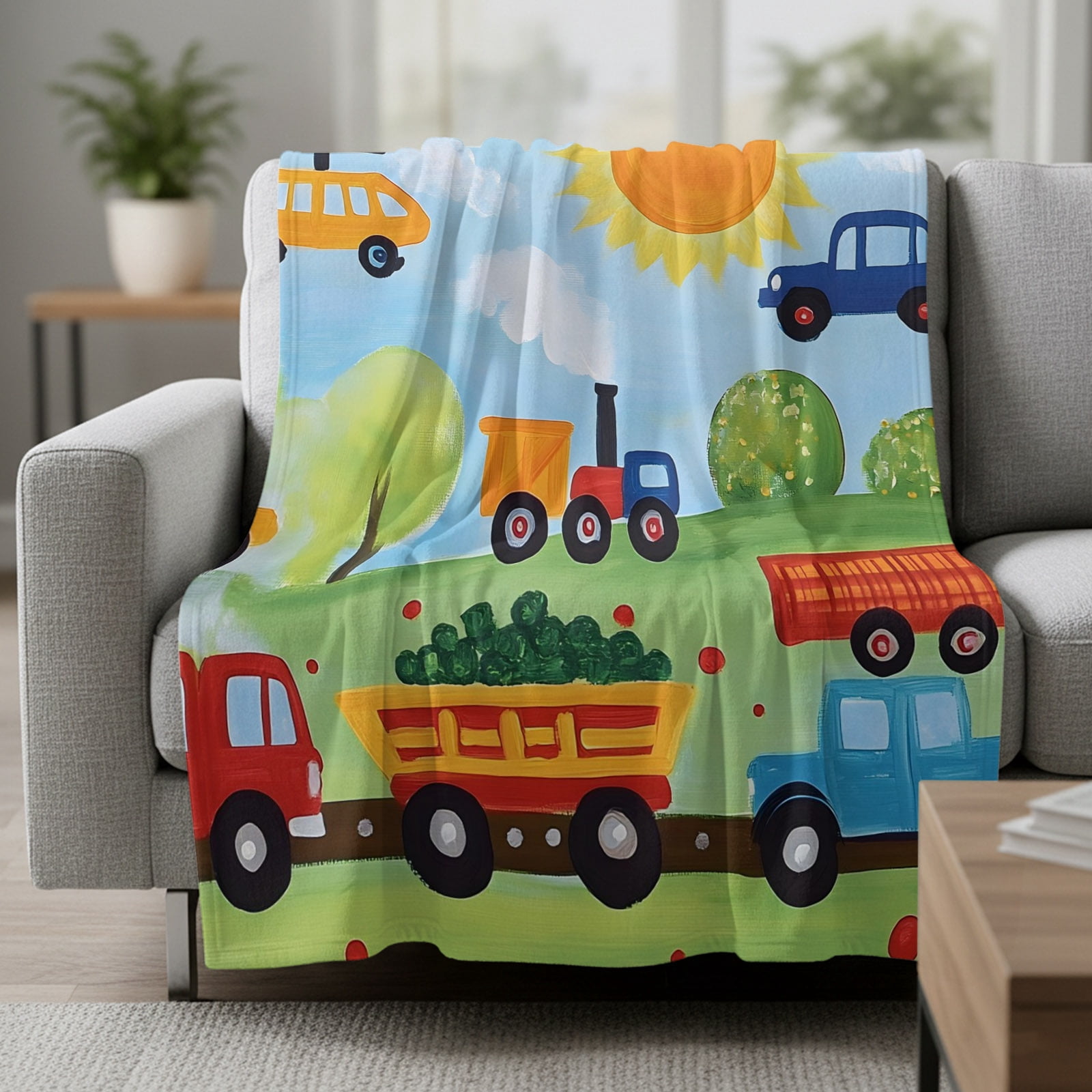 Cartoon Transportation Fleece Throw Blanket Helicopter Car Train Truck ...