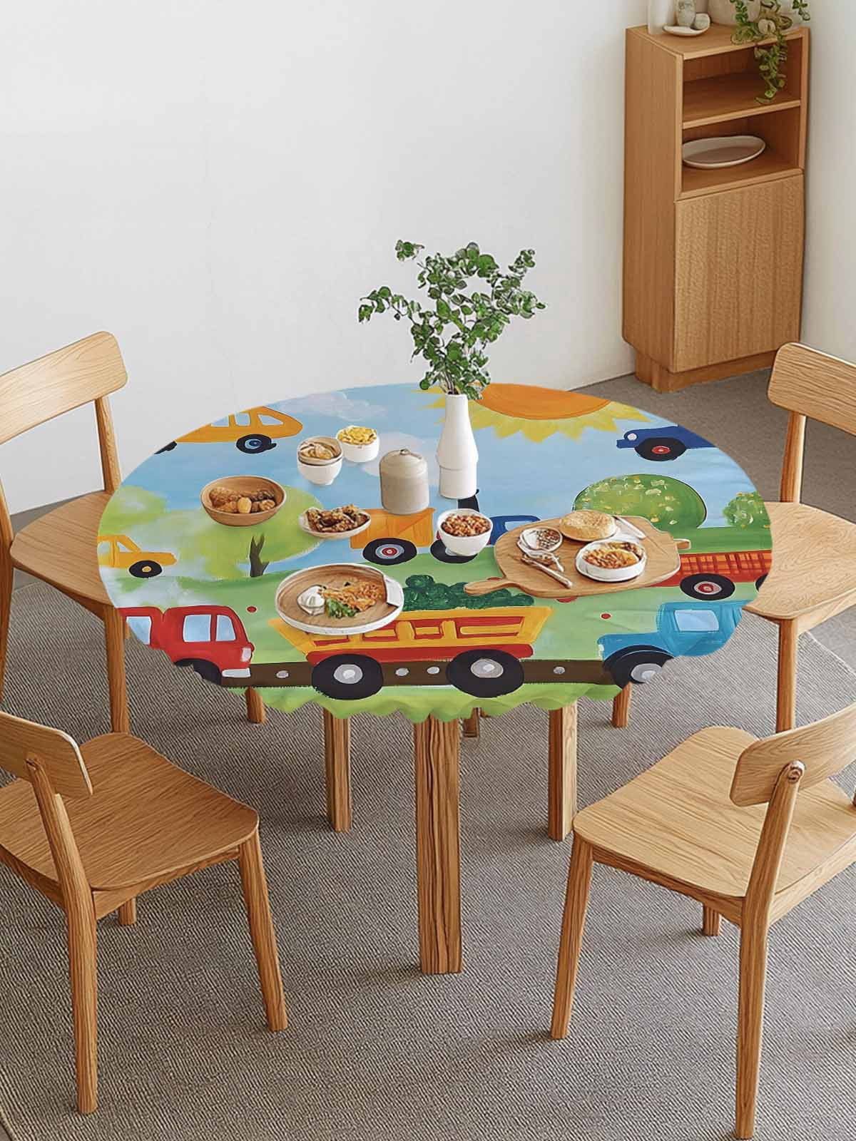 Cartoon Transportation Round Fitted Tablecloth with Elastic Edge ...