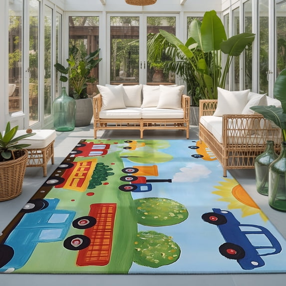 Cartoon Transportation Washable Living Room Rugs 9'x12', Helicopter Car ...