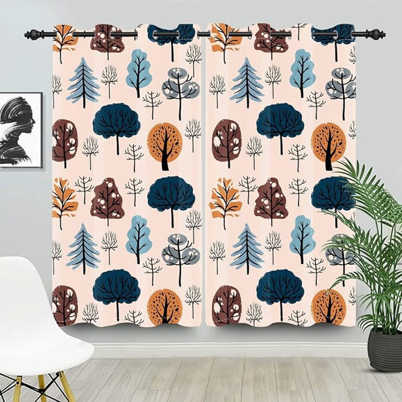 Cartoon Tree Print Blackout Curtains, Forest Trees Window Drapes For ...