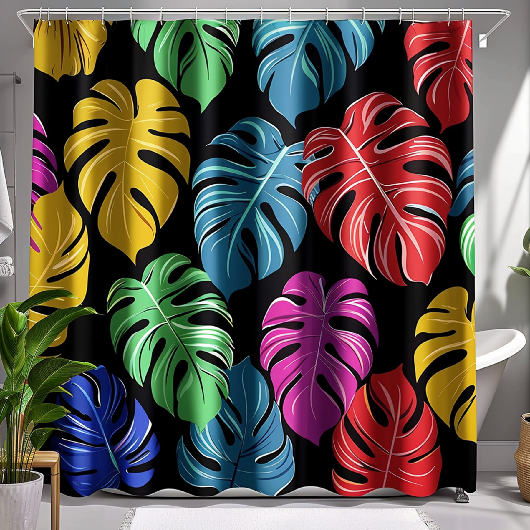 Cartoon Tropical Leaves Shower Curtain Colorful Design on Black ...