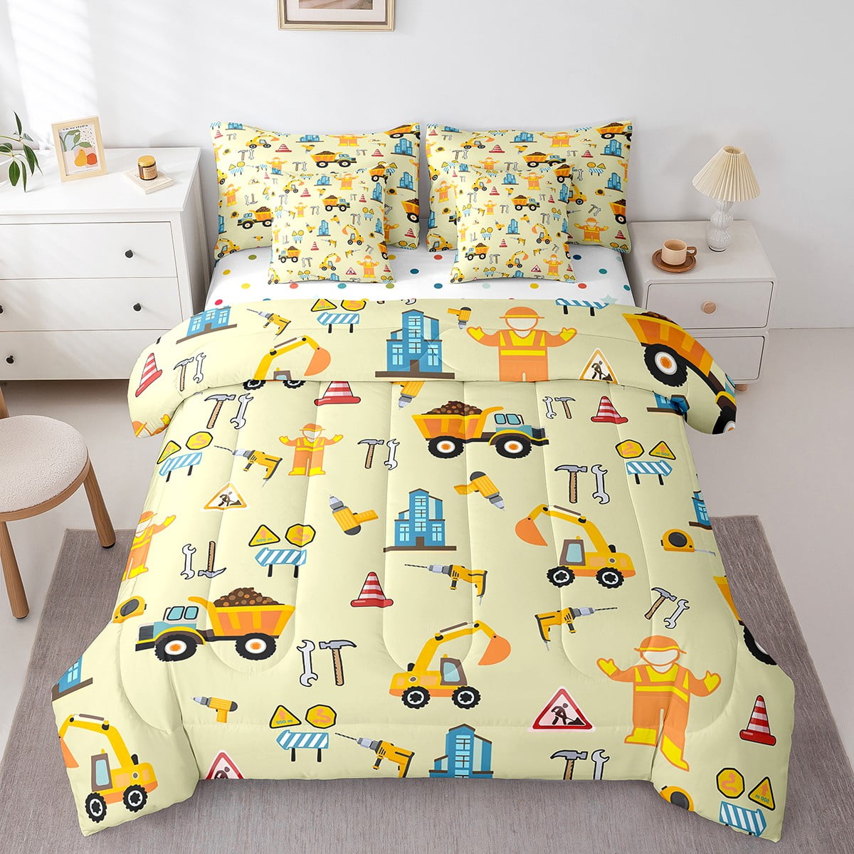 Cartoon Truck Bedding King Size 7Pcs, Cute Excavator Tools Printed ...