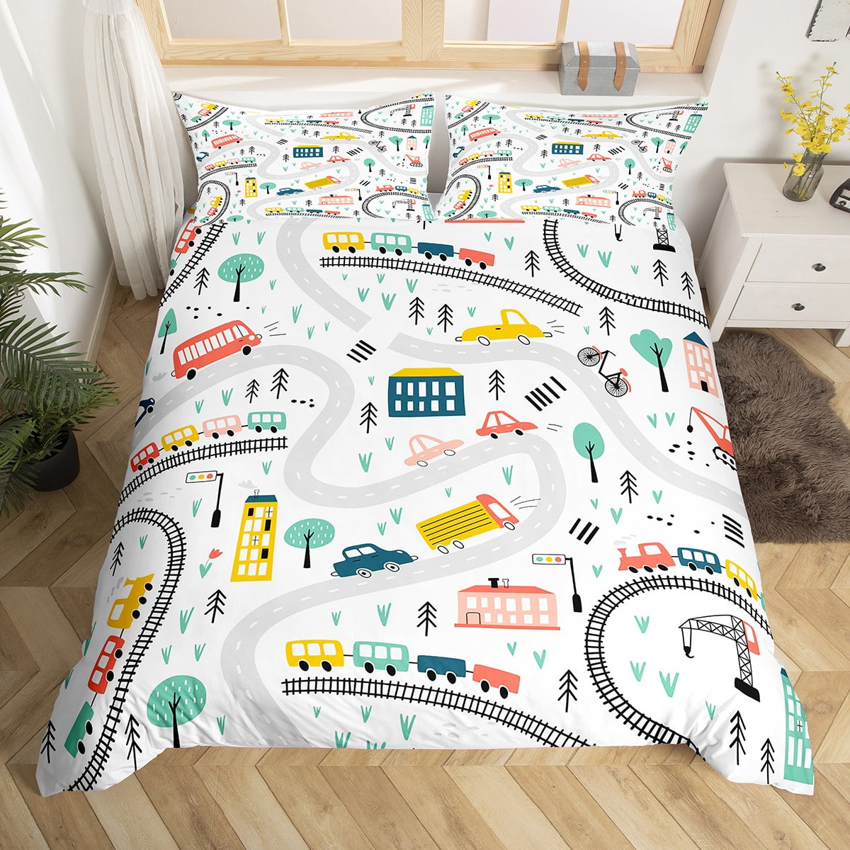 Cartoon Truck Duvet Cover Queen, City Landscape Bedding Set, Hand Drawn ...