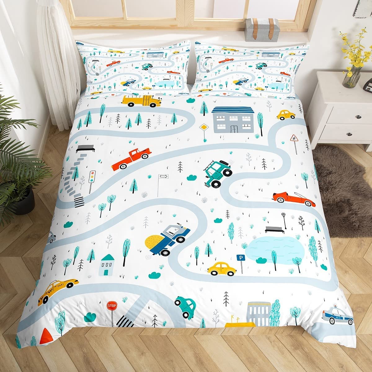 Cartoon Truck Duvet Cover Queen Size,Boys Road Traffic Themed Comforter ...