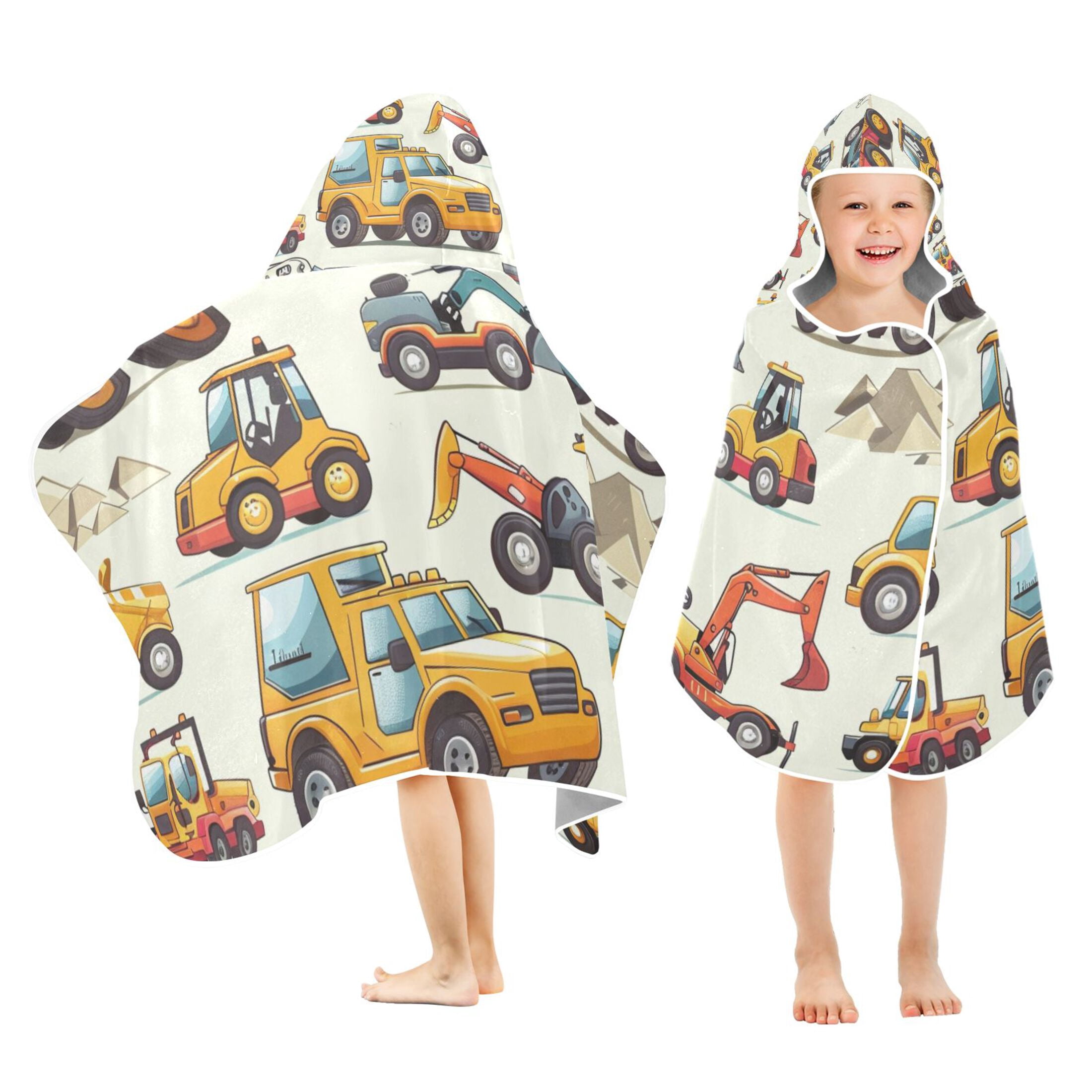 Cartoon Truck Engineering Excavator Bulldozer Kids Hooded Beach Towel ...