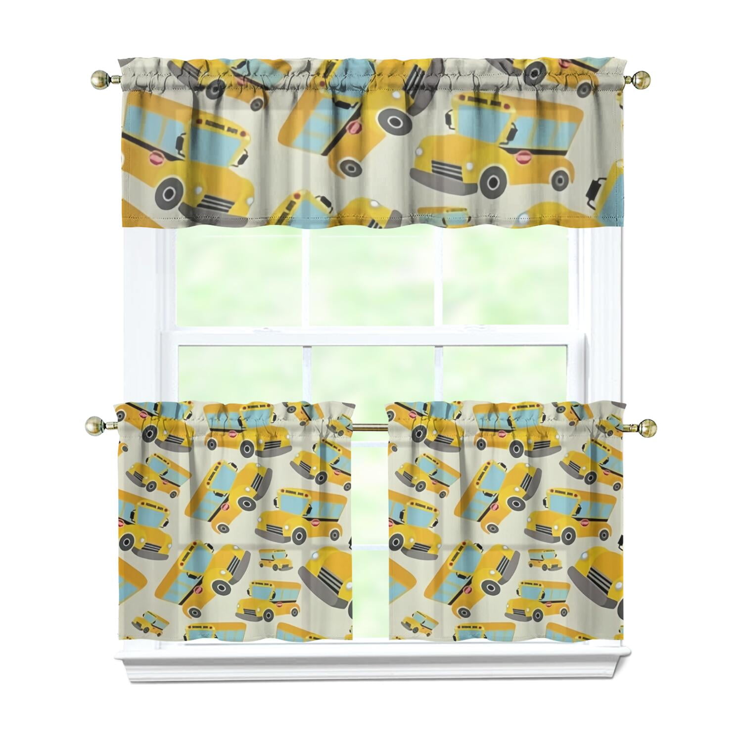 Cartoon Truck Kitchen Curtain Set - Construction Excavator and Fire ...