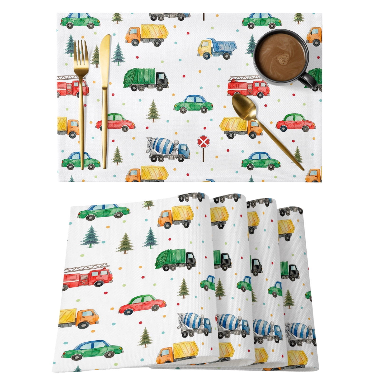 Cartoon Truck Placemats Set of 6 Funny Cute Colorful Car Tree Polka Dot ...