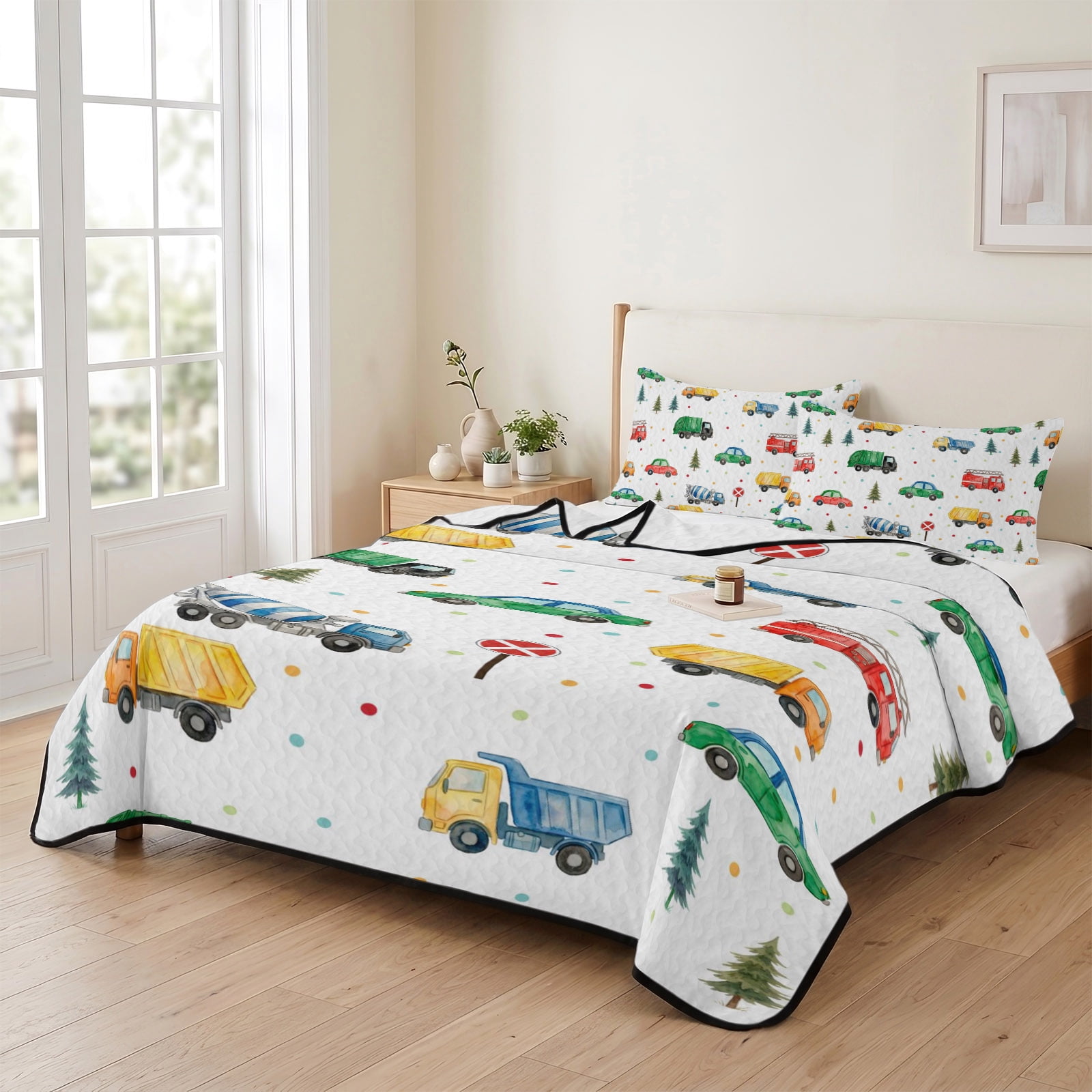 Cartoon Trucks Green Pine Tree 3 Pieces Quilt Set,1 Quilt with 2 Shams ...