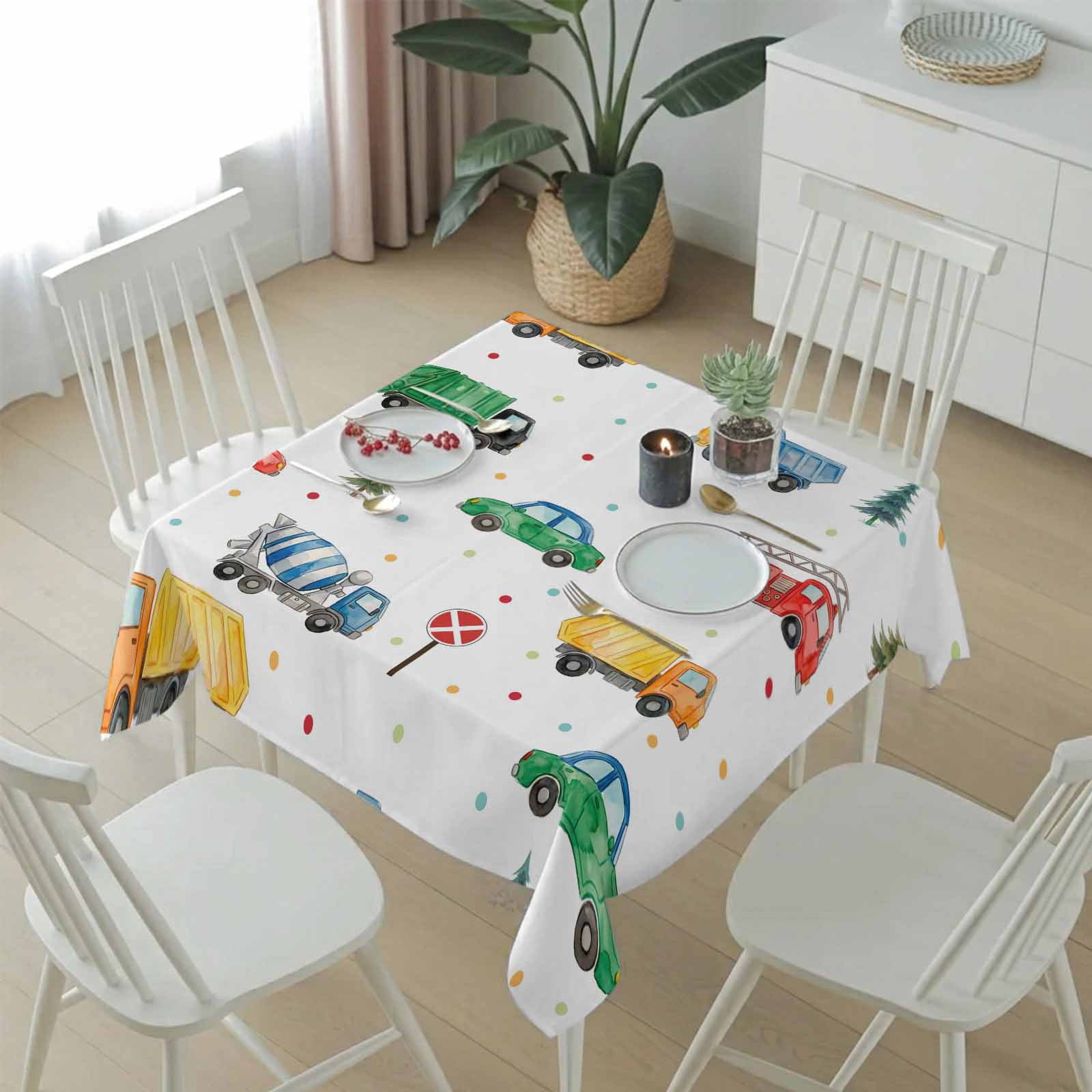 Cartoon Trucks Green Pine Tree Table Cloth 54x54in, Waterproof Square ...
