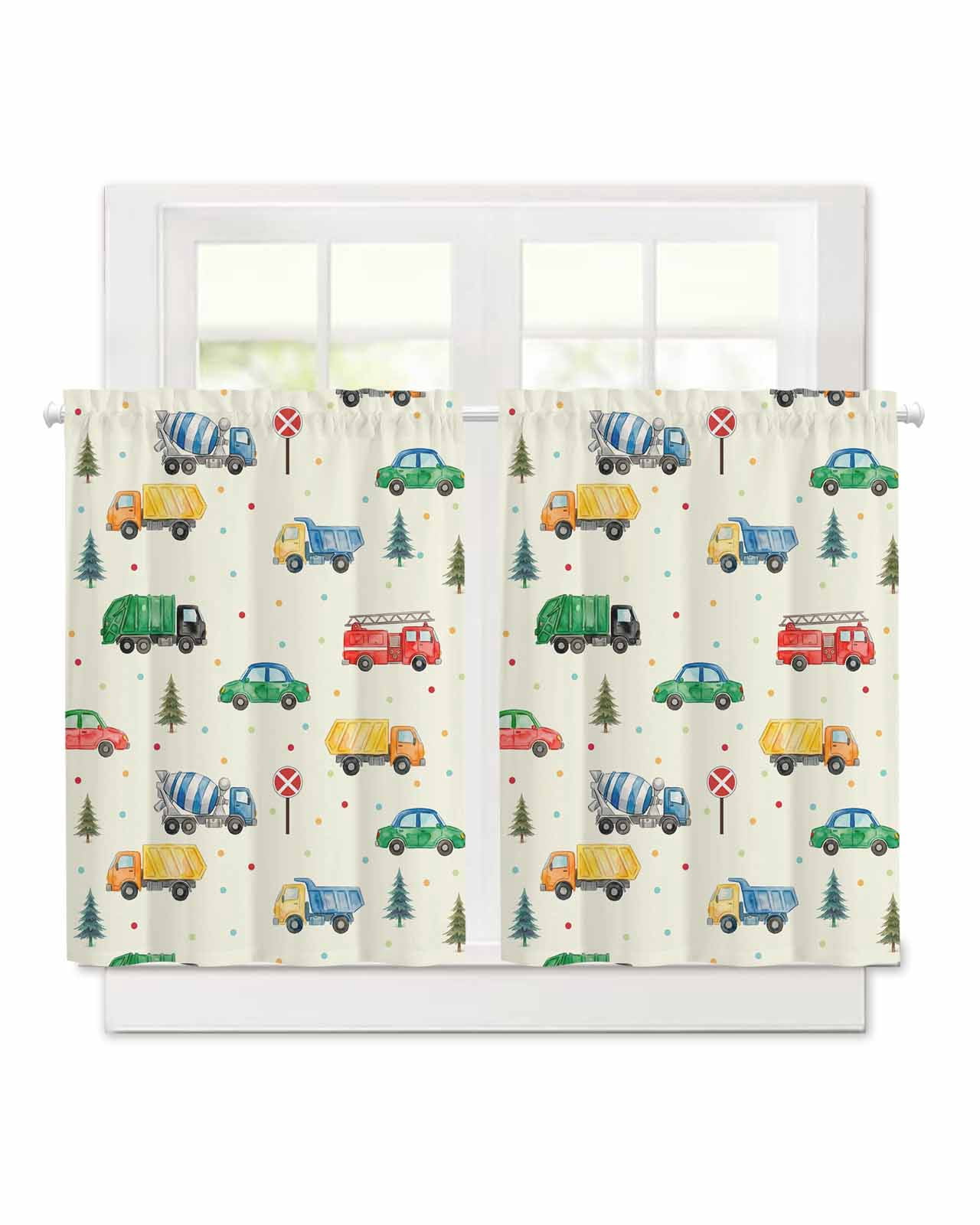 Cartoon Trucks Pine Tree on Yellow Short Blackout Curtains 36 Inch Long ...