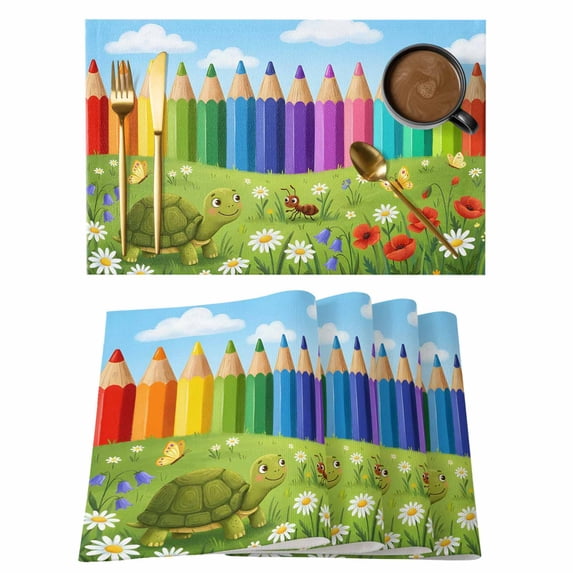 Cartoon Turtle Colorful Pencil Placemats Set of 6, Blue Sky Green Lawn ...