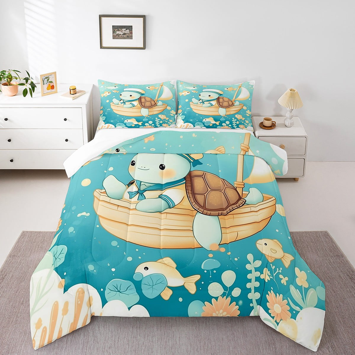 Cartoon Turtle Comforter Set Teal Ocean Animals Toddler Bedding Set ...