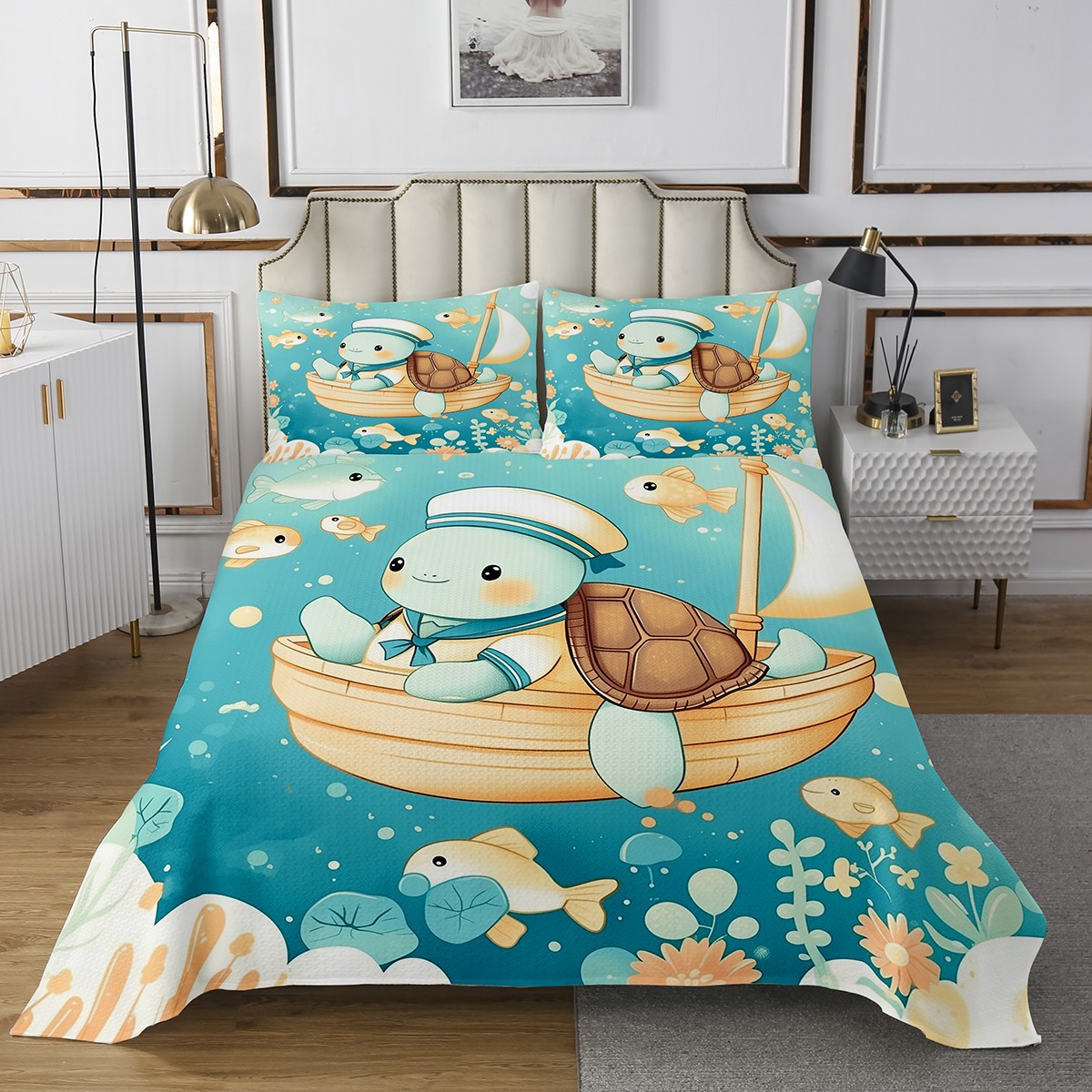 Cartoon Turtle King Quilt Set Teal Ocean Animals Coverlet Coastal ...