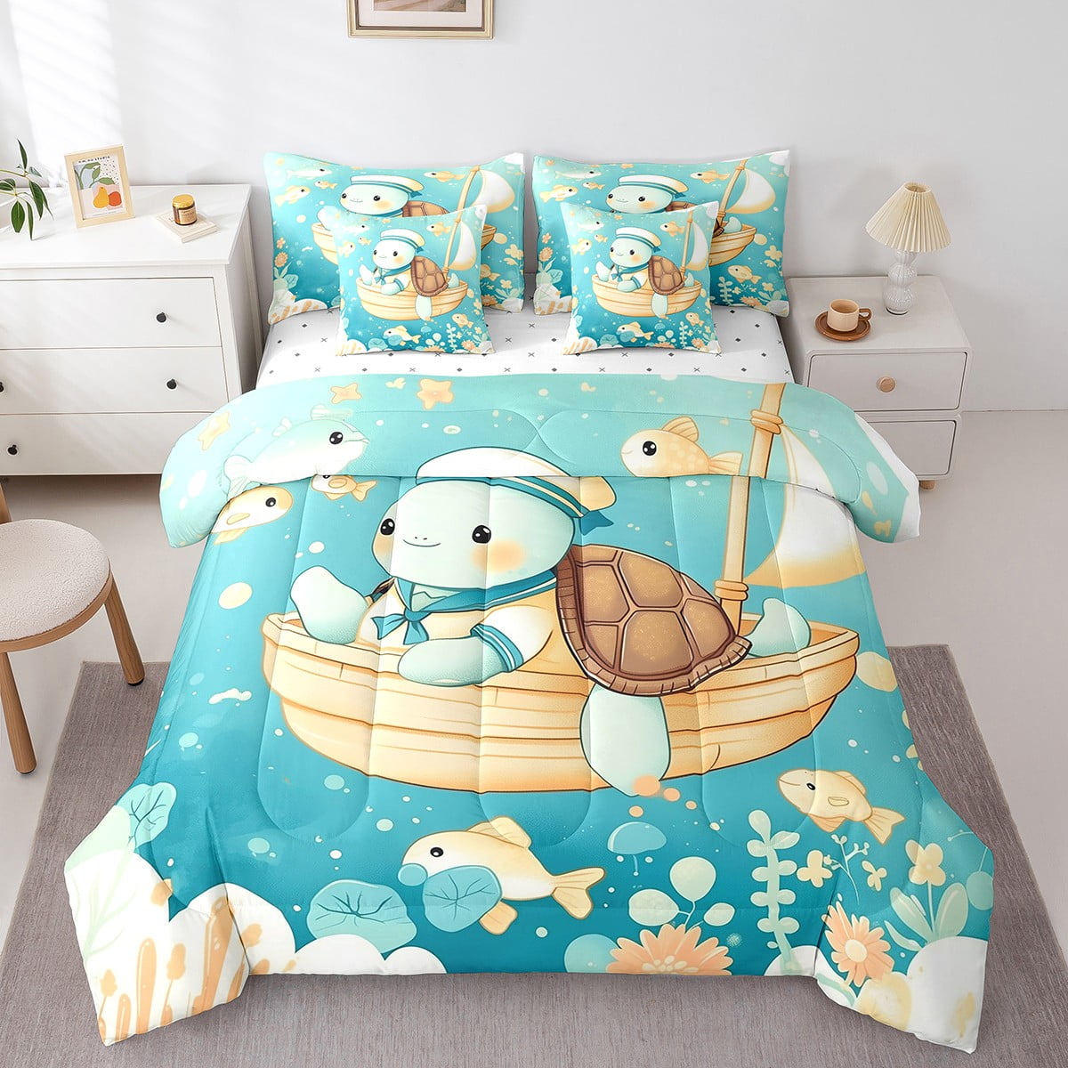 Cartoon Turtle Queen Comforter Set Teal Ocean Animals Bedding Set ...