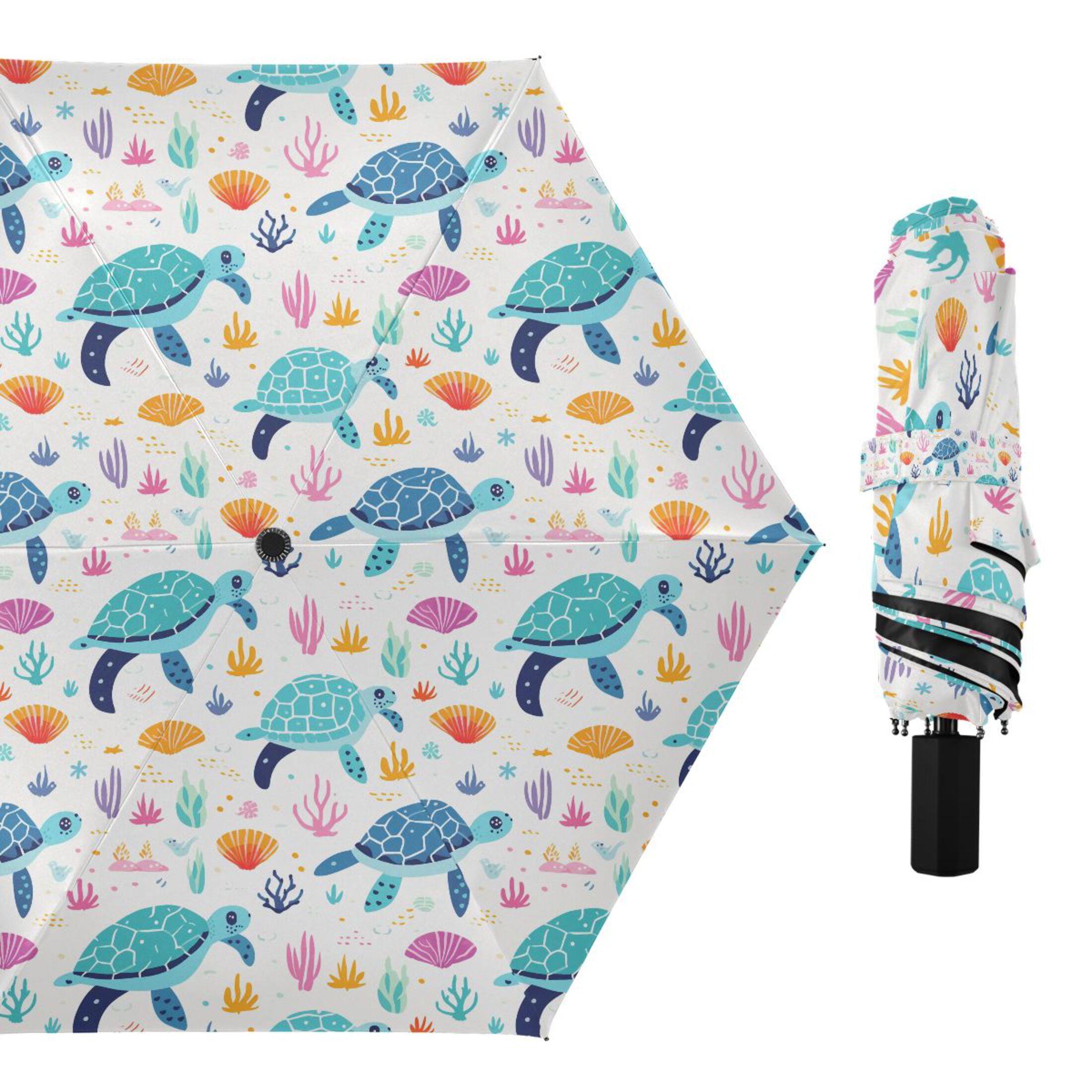 Cartoon Turtle Shells Seaweeds Compact Sun Umbrella Windproof Travel ...