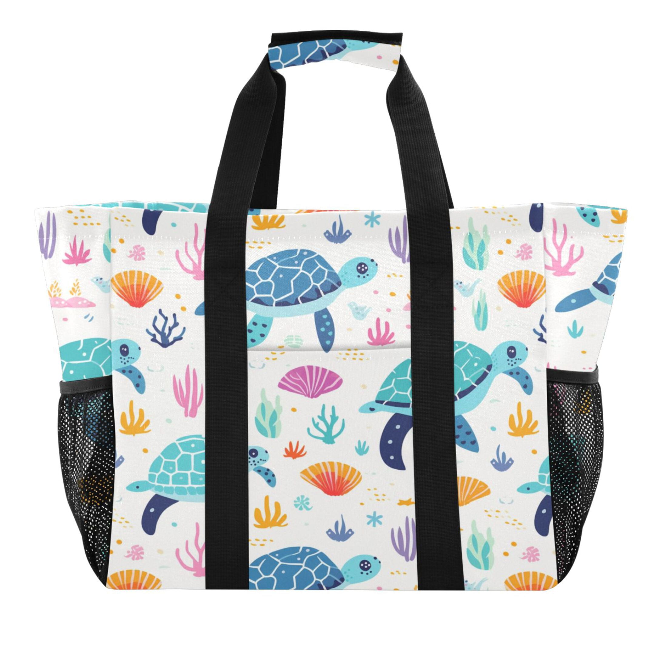 Cartoon Turtle Shells Seaweeds Reusable Grocery Bags with Handle Side ...