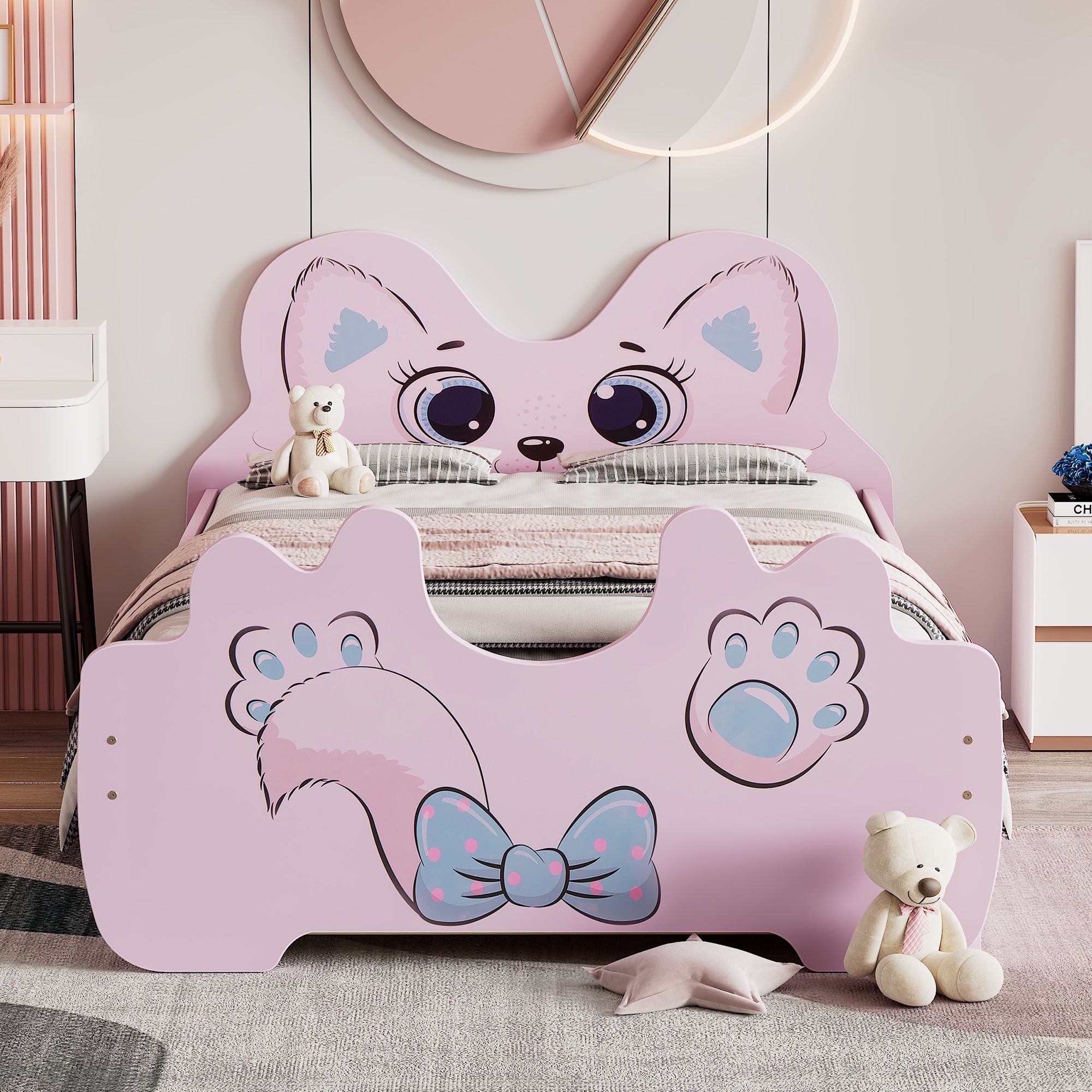 Cartoon Twin Size Platform Bed with Trundle Pink - Twin - Walmart.com