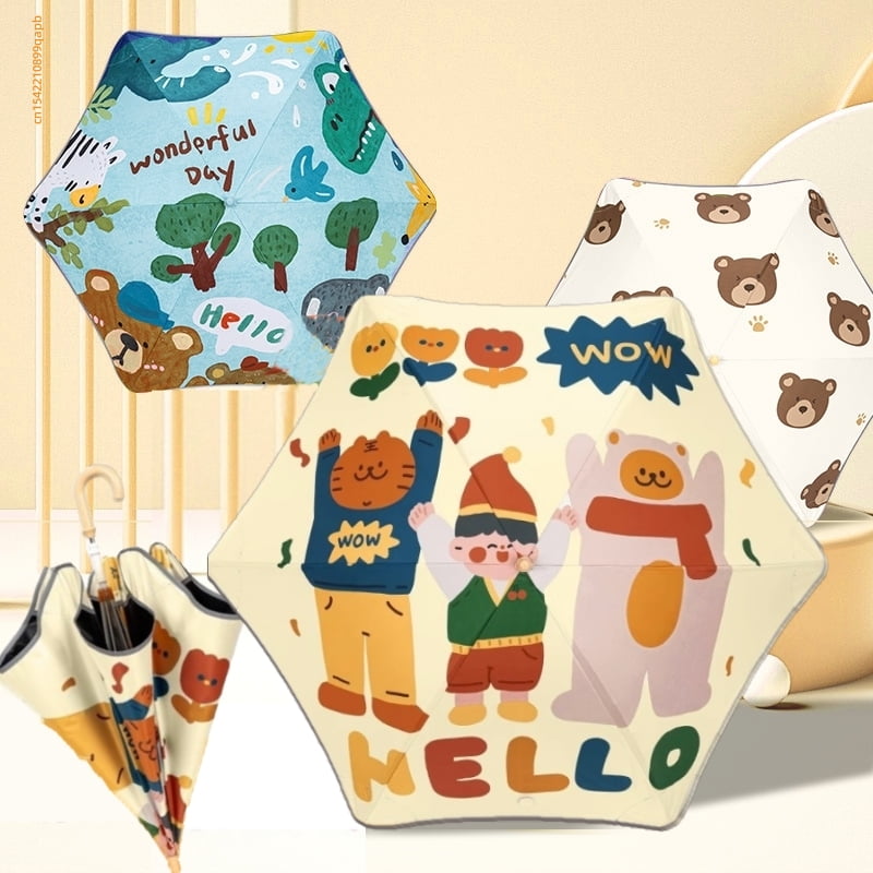 Cartoon UV Umbrella Long Hand Parasol Kids Sun Rain Umbrella Round ...