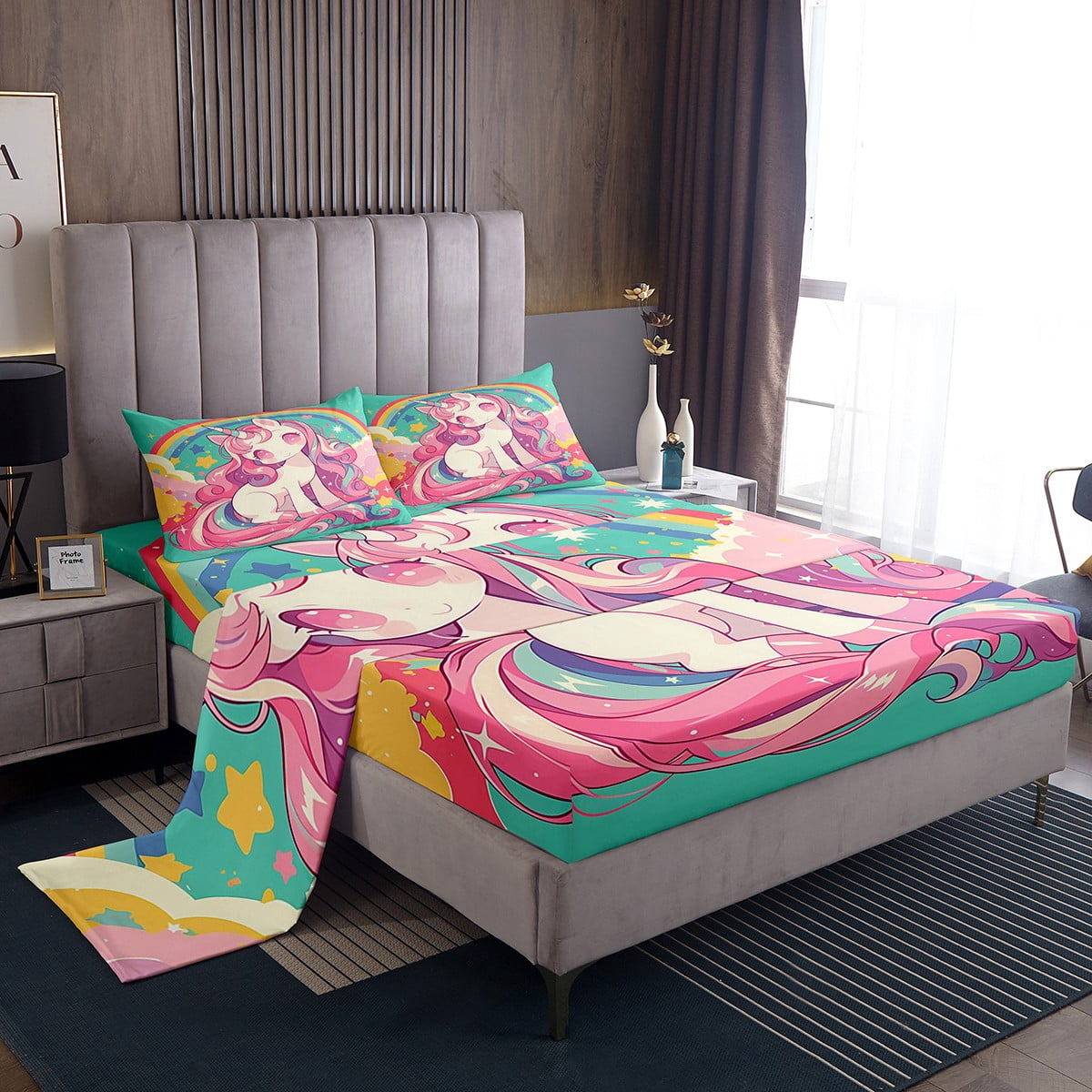 Cartoon Unicorn Bed Sheets Set Full Size Rainbow Sheet Set Cute Horse ...