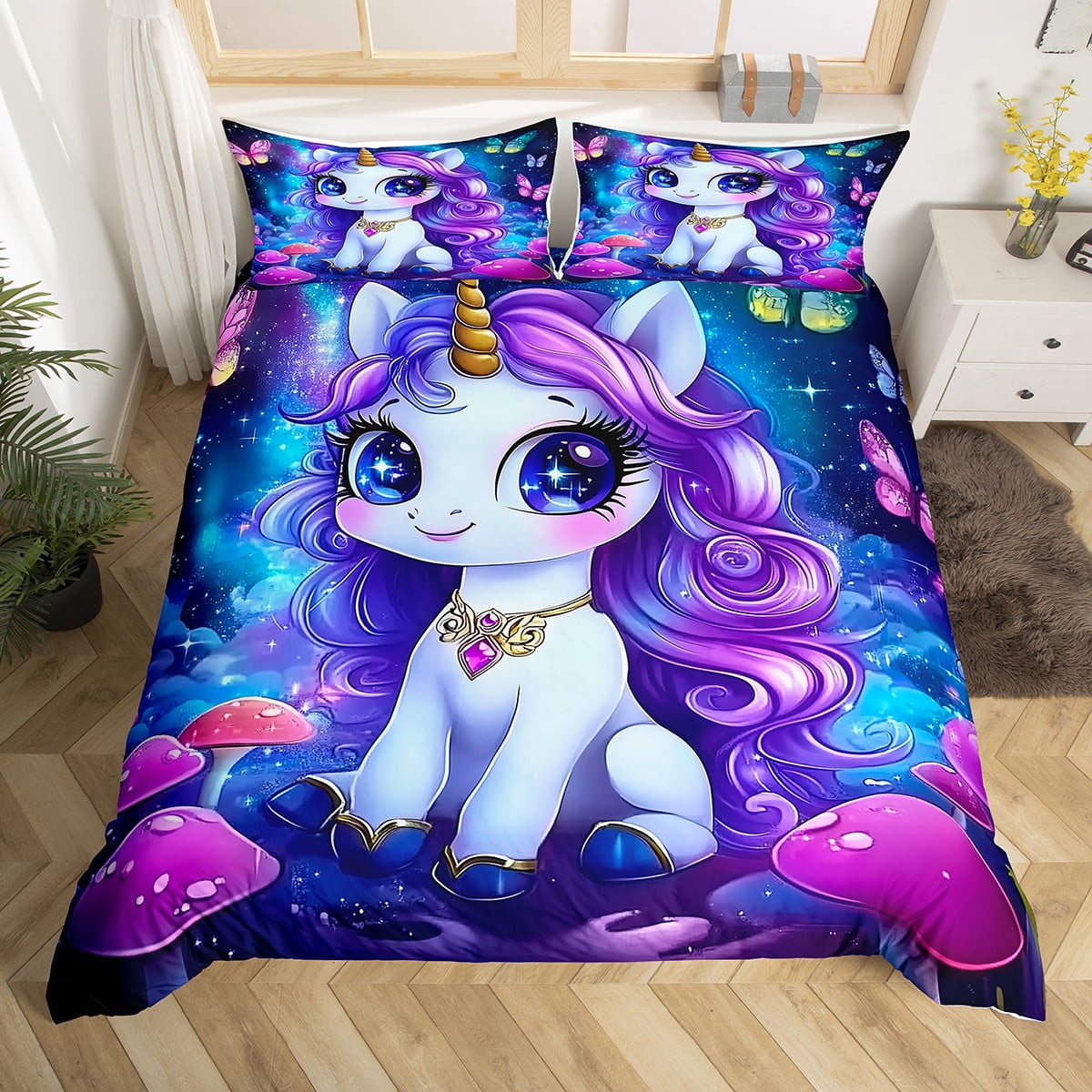 Cartoon Unicorn Bedding Set Teens Mushroom Butterfly Decor Full ...