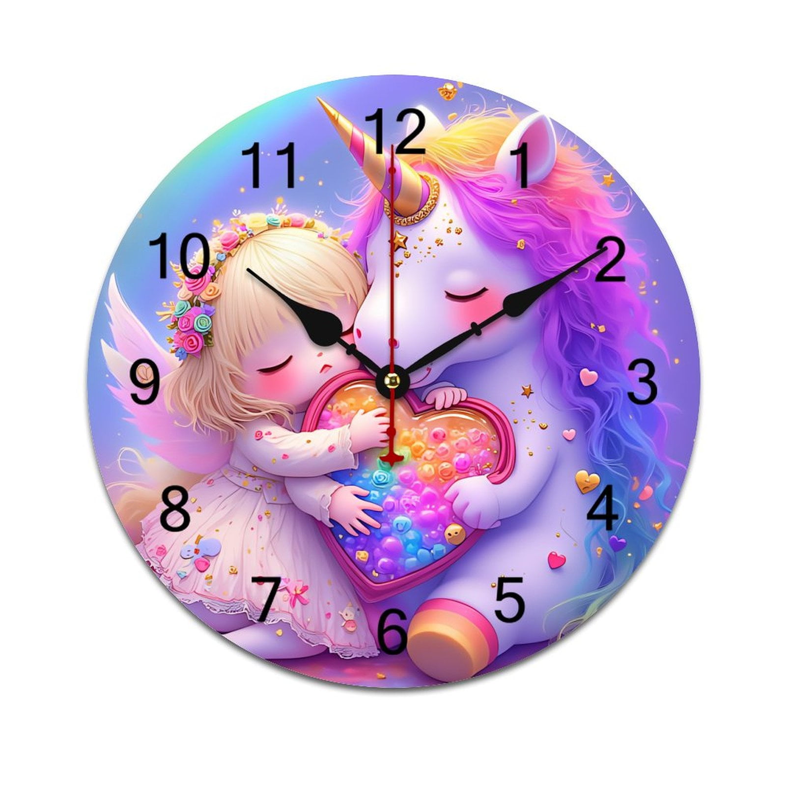 Cartoon Unicorn Butterfly Wings And A Flower with A Rainbow Time Decorative Wall Clocks Round ...