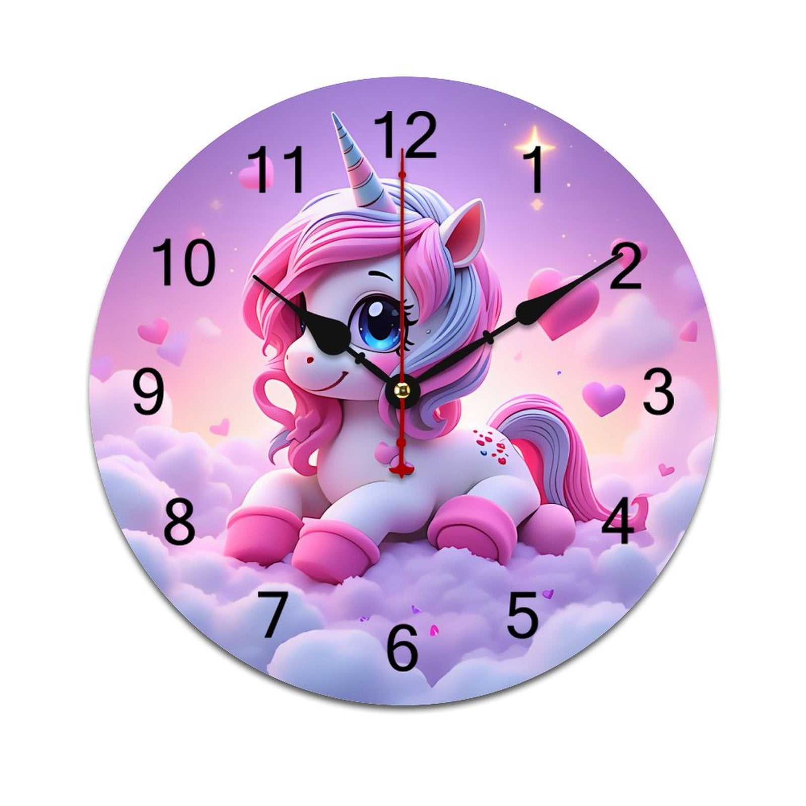 Cartoon Unicorn Butterfly Wings And A Flower with A Rainbow Word Saying Big Wall Clock Home ...