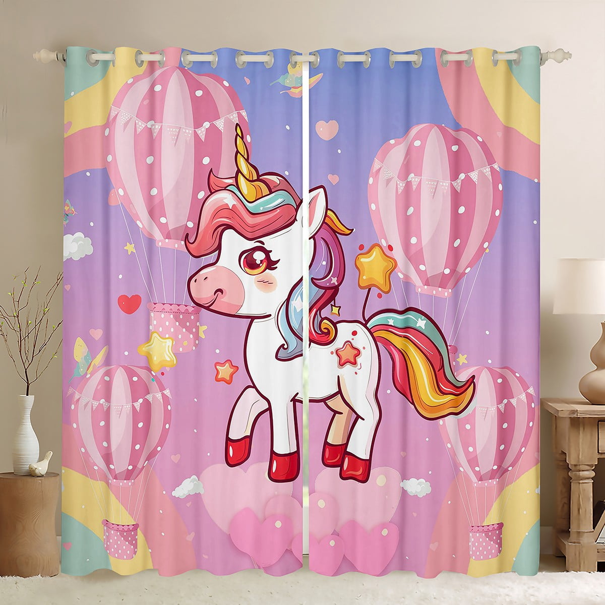 Cartoon Unicorn Curtains 2 Panels (38Wx45L) Hot Air Balloon 30%-50% ...