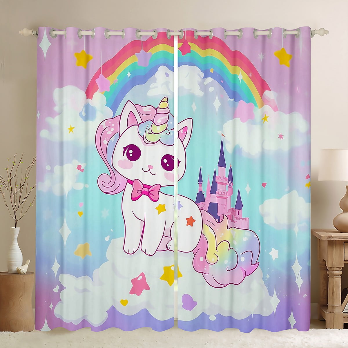 Cartoon Unicorn Curtains Rainbow Castle 30%-50% Blackout Curtains Teens ...