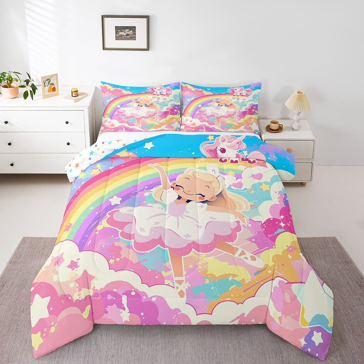 Cartoon Unicorn Kawaii Ballet 3 Pcs Queen Size Comforter Set,Rainbow ...