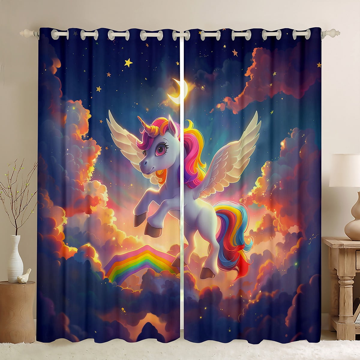 Cartoon Unicorn Kids Window Curtains,Starry Sky Rainbow Clouds Window ...