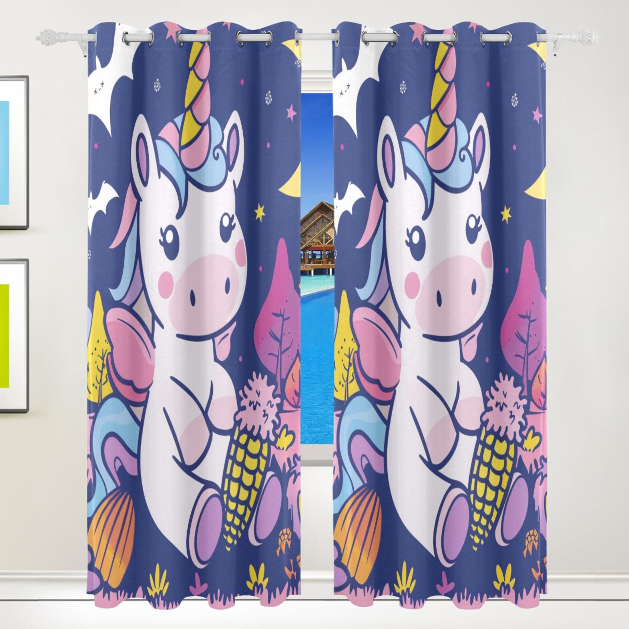 Cartoon Unicorn Moon Corn Blackout Curtains 84 inch Length 2 Panels ...