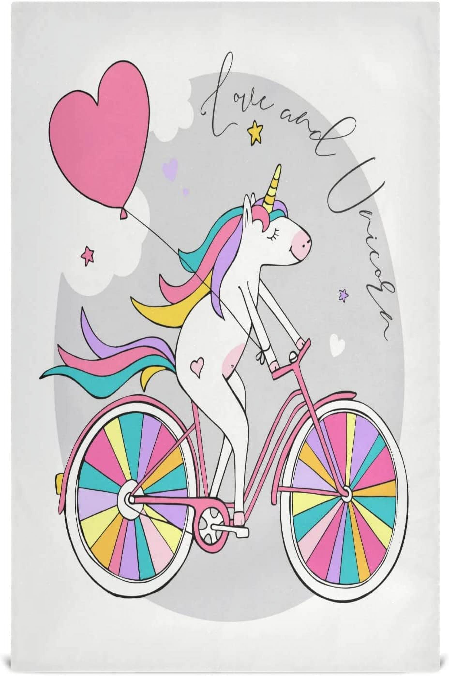 Cartoon Unicorn Rainbow Bike Kitchen Dish Towels Set of 1, Heart Balloon Washable Tea Towels ...