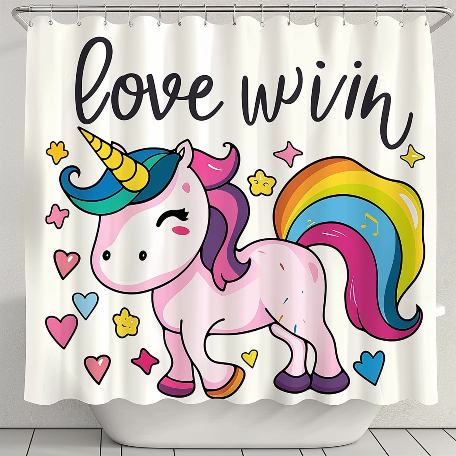 Cartoon Unicorn Rainbow Shower Curtain With Love Wins Text Cute Design