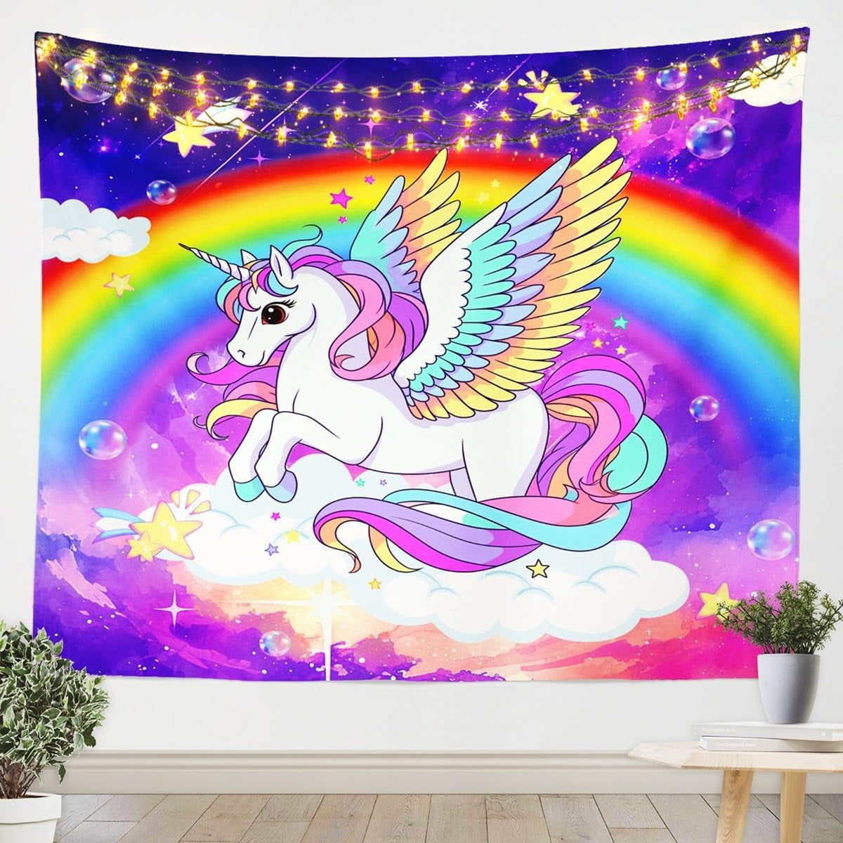 Cartoon Unicorn Wall Tapestry Rainbow Starry Sky Galaxy Castle Cloud ...
