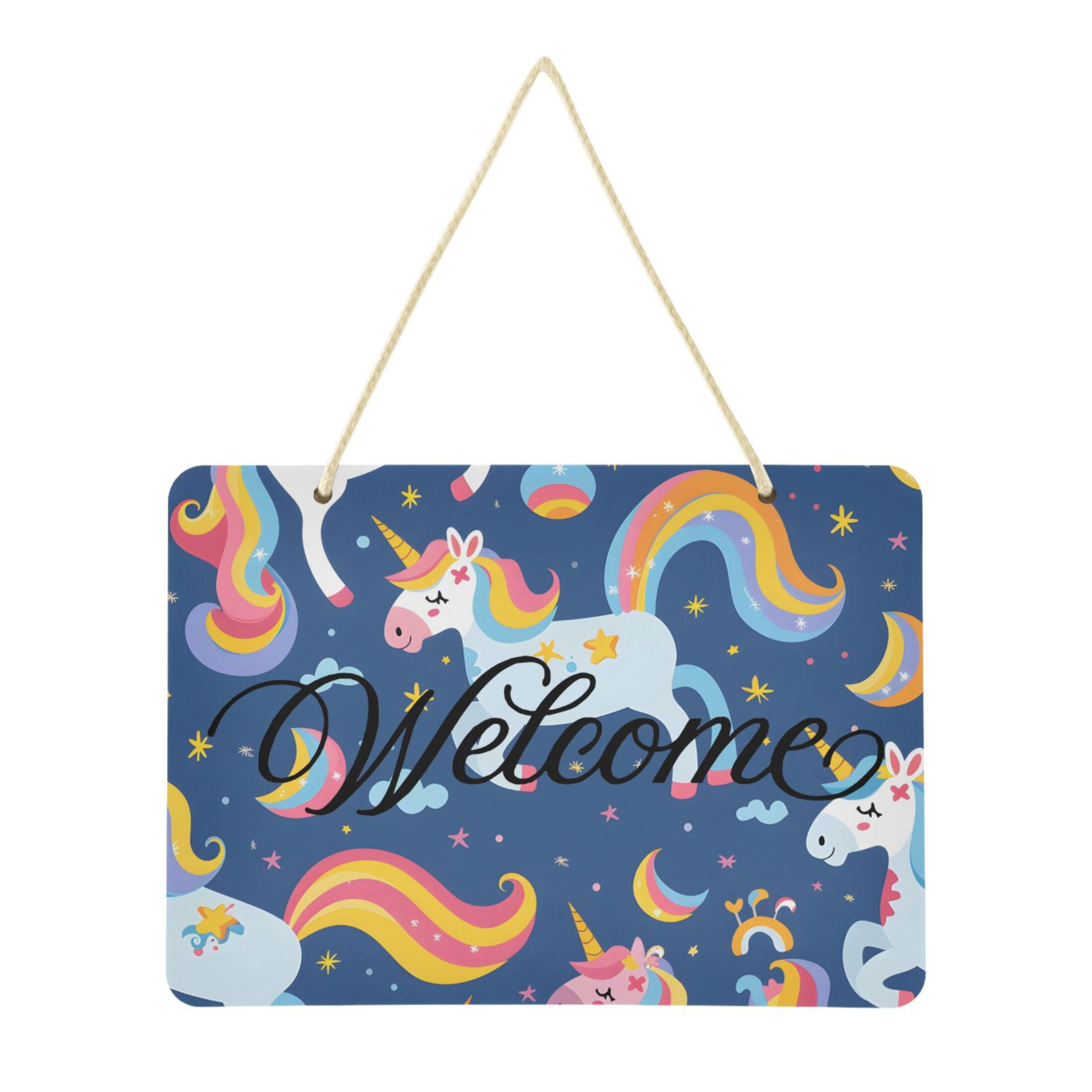 Cartoon Unicorns and Moon Welcome Sign Front Door PVC 14x10 inch Hanger ...