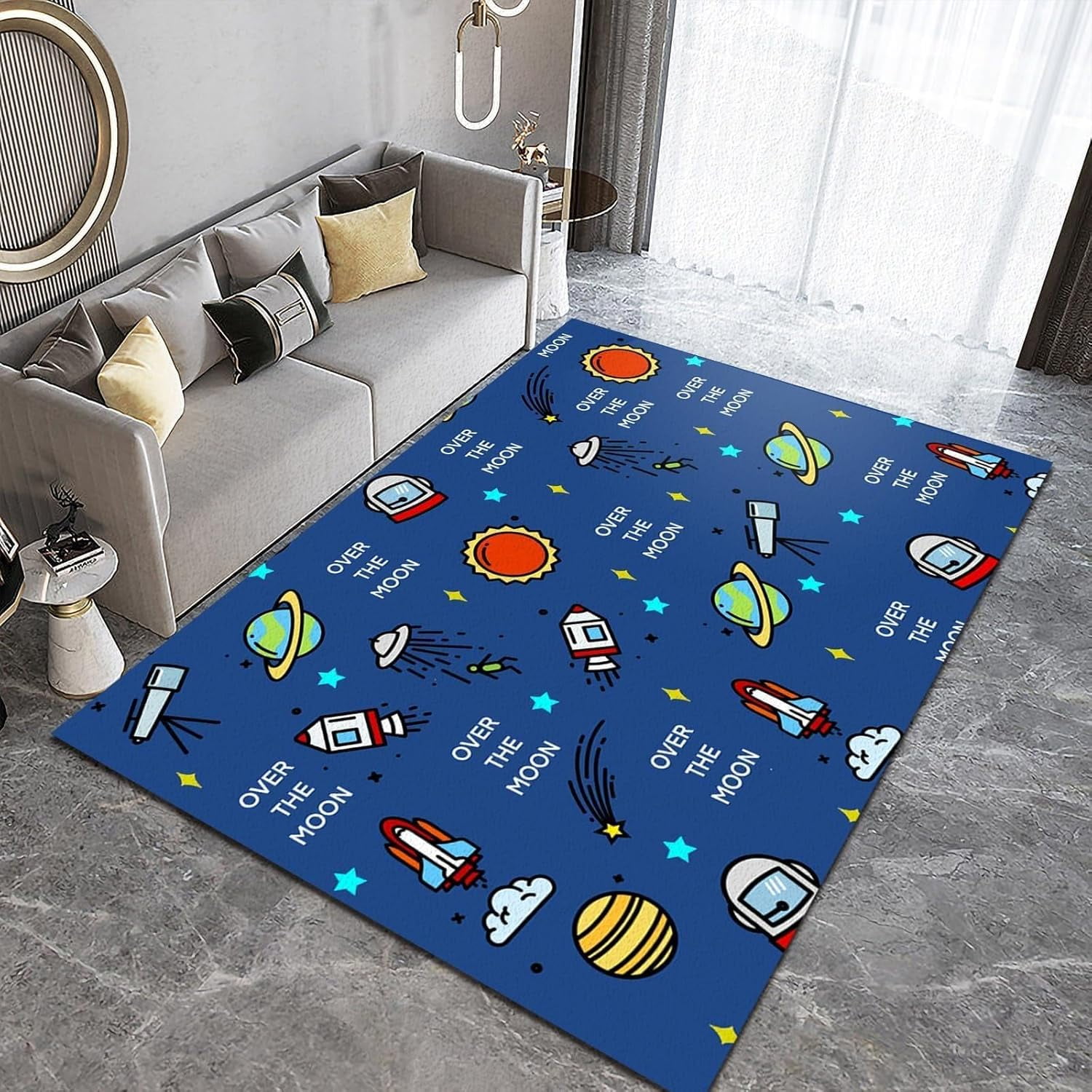 Cartoon Universe Planet Printed Rugs, Rocket Stars Moon Clouds Children ...