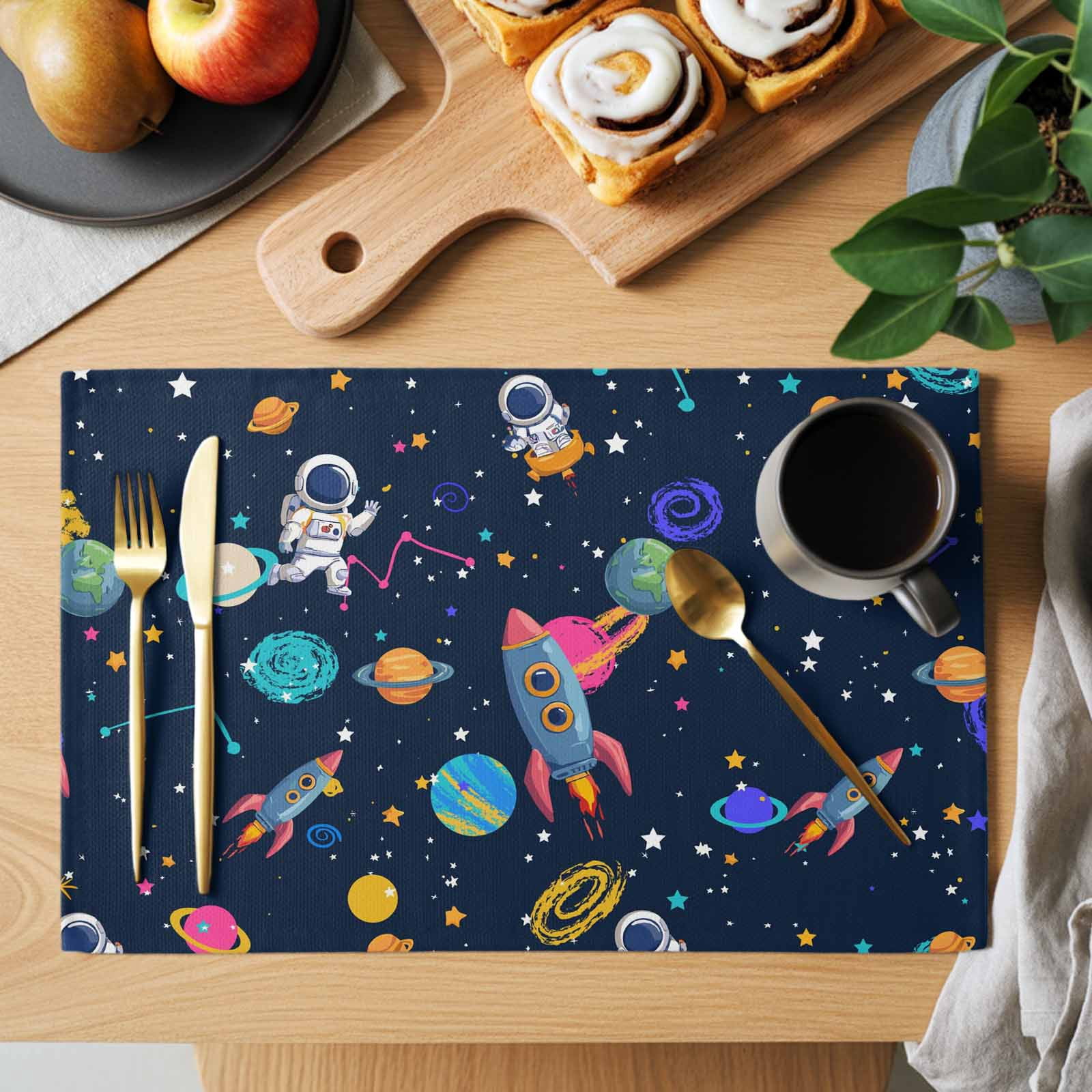 Cartoon Universe Space Placemats Set of 4, Watercolor Earth Planet Cute ...