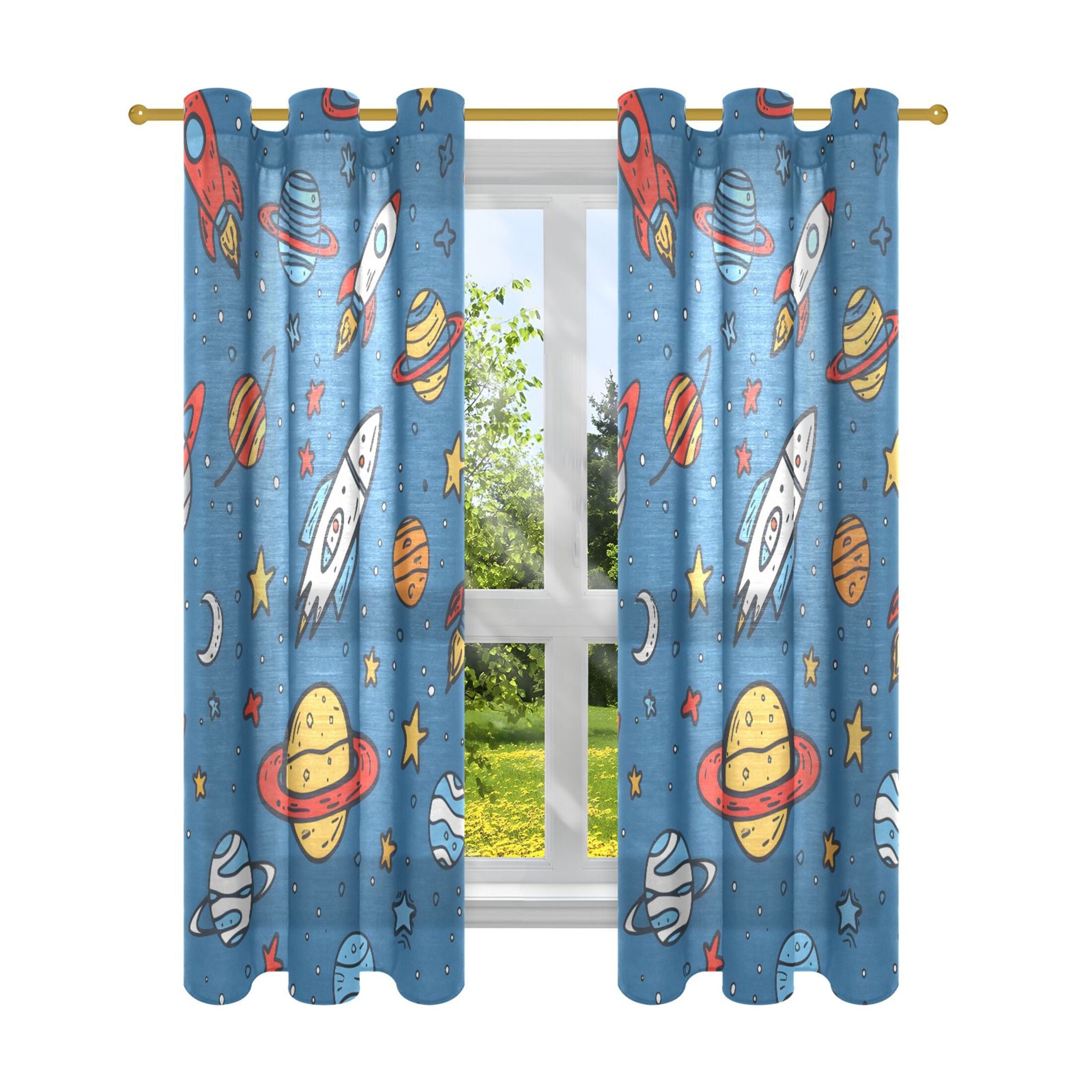 Cartoon Universe Stars Planets Spaceships Curtains Decorative Drapes ...
