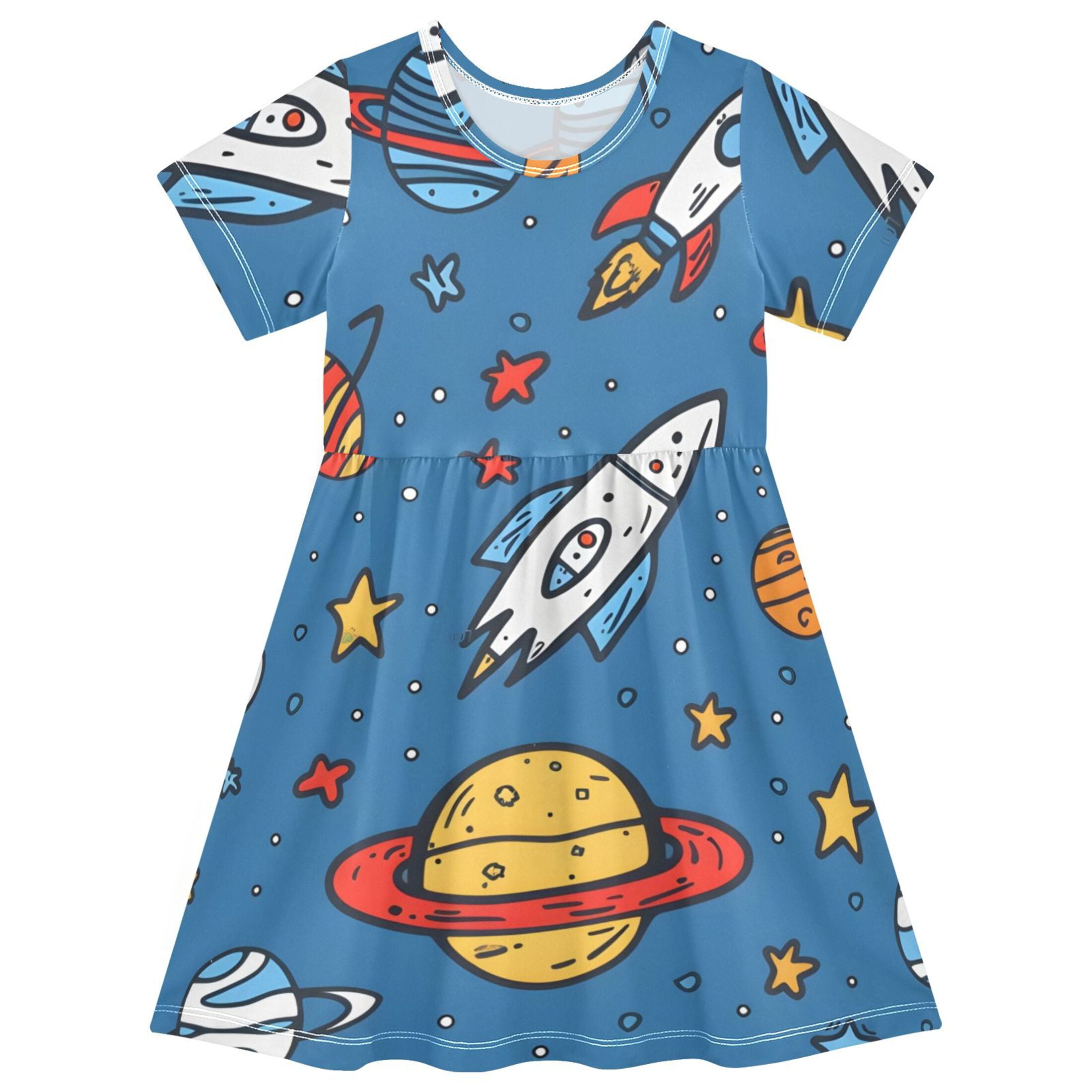 Cartoon Universe Stars Planets Spaceships Girls' Short Sleeve Dress A ...