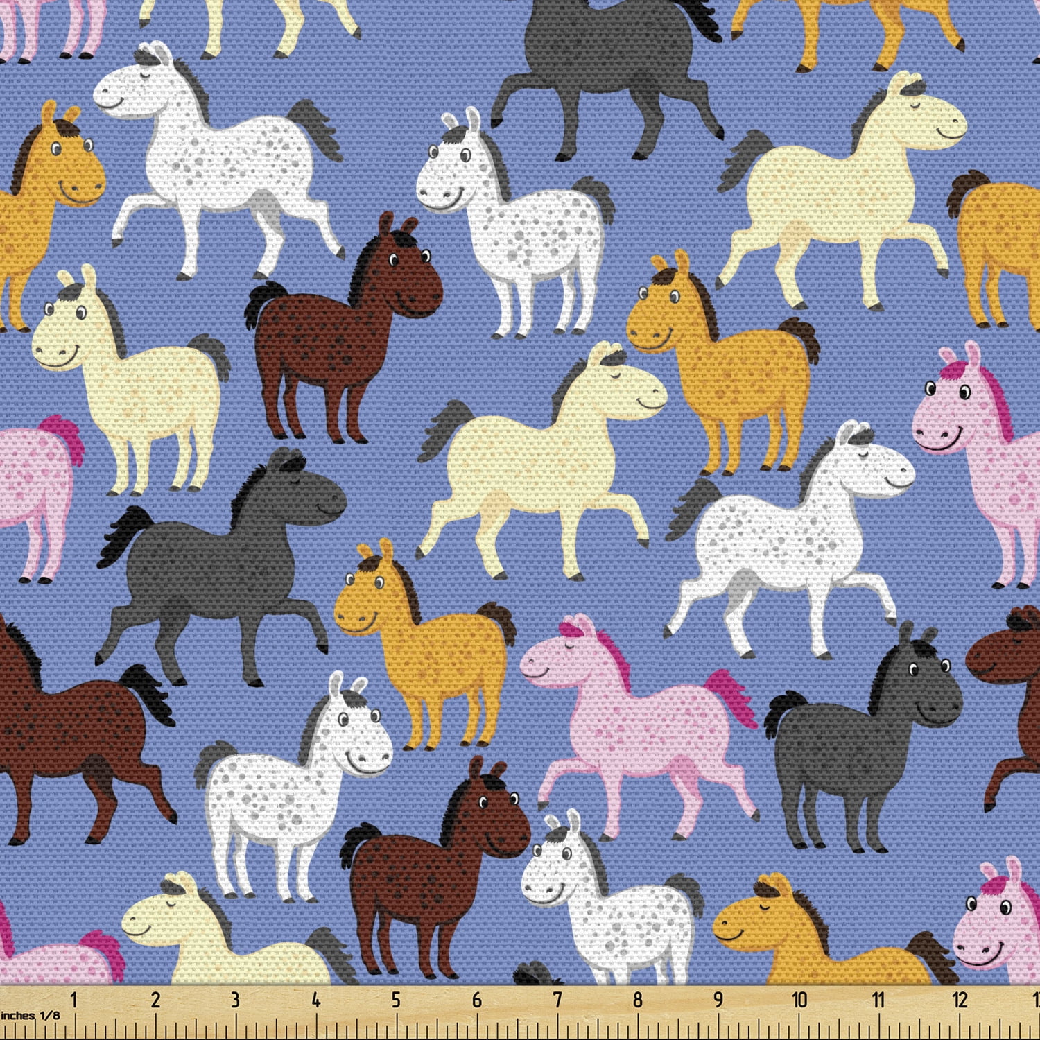 Ambesonne Cartoon Fabric by the Yard Upholstery, Colorful Horses at Zoo, 2 Yards, Ceil Blue ...