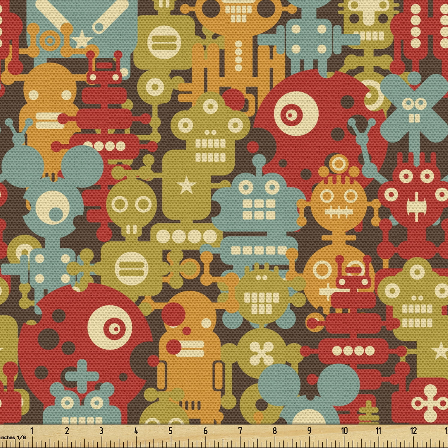 Ambesonne Cartoon Fabric by the Yard Upholstery, Fantasy Alien Robots ...
