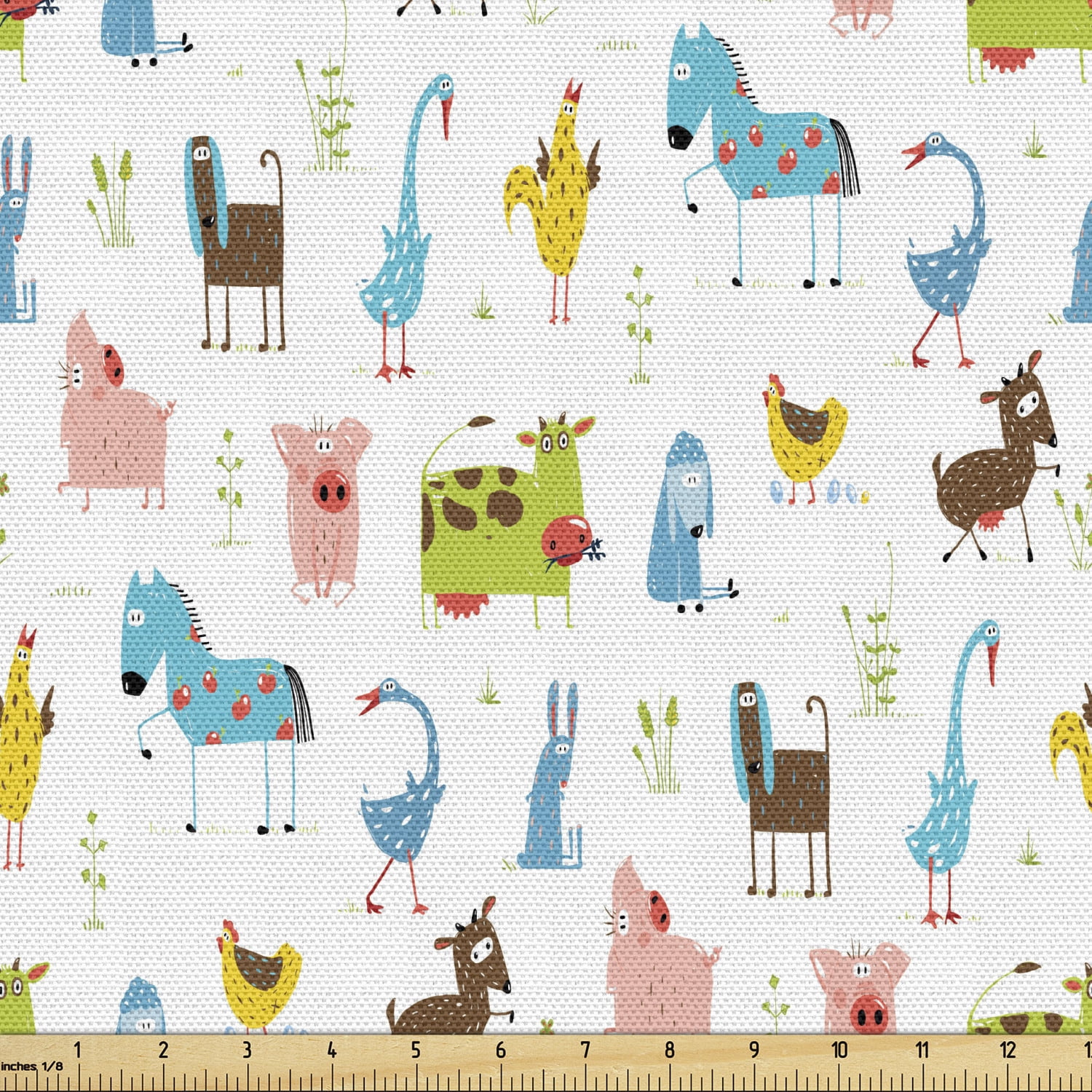 Cartoon Upholstery Fabric by the Yard, Farm Animals Pattern with Pig ...