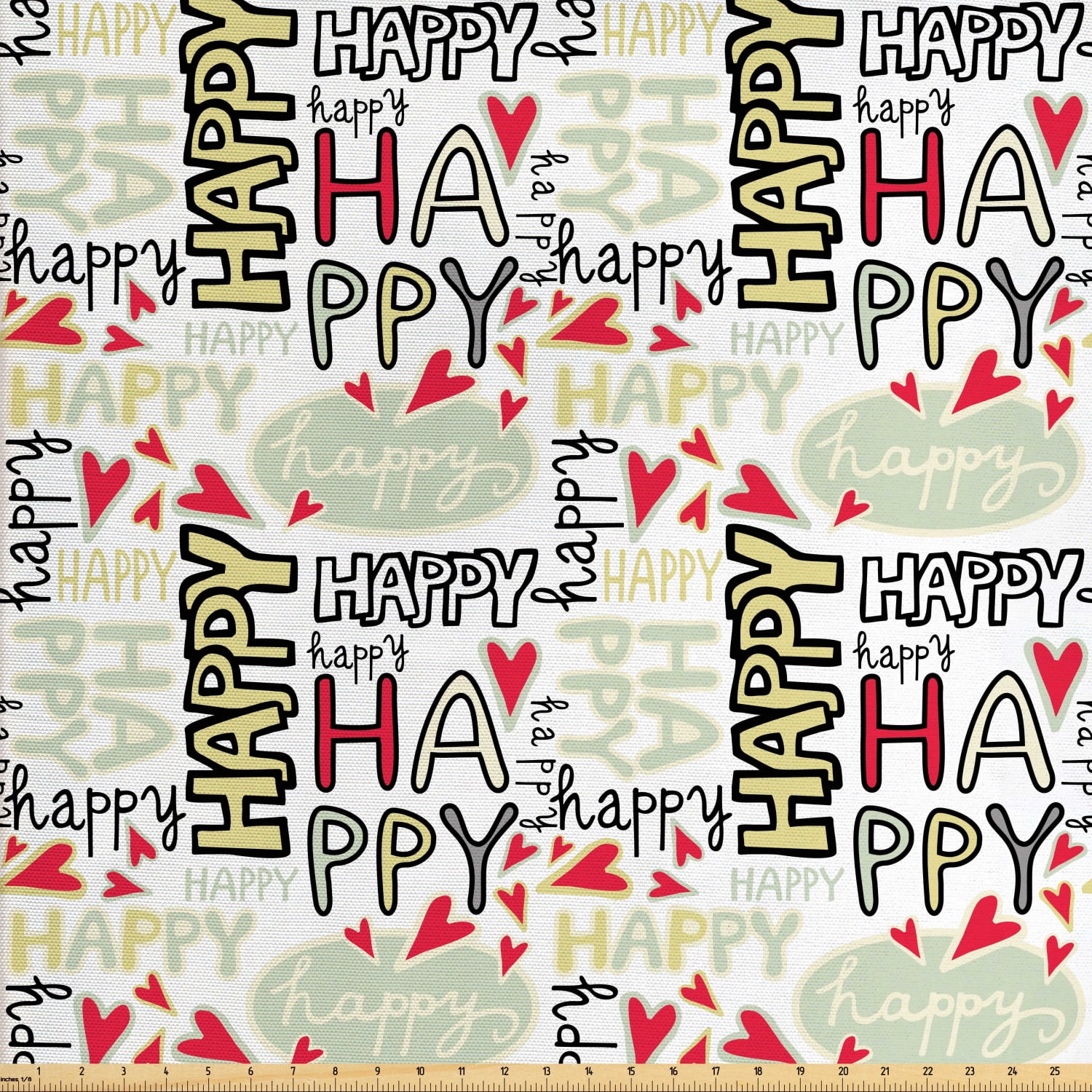 Cartoon Upholstery Fabric by the Yard, Hand Lettering Style Happy Words ...