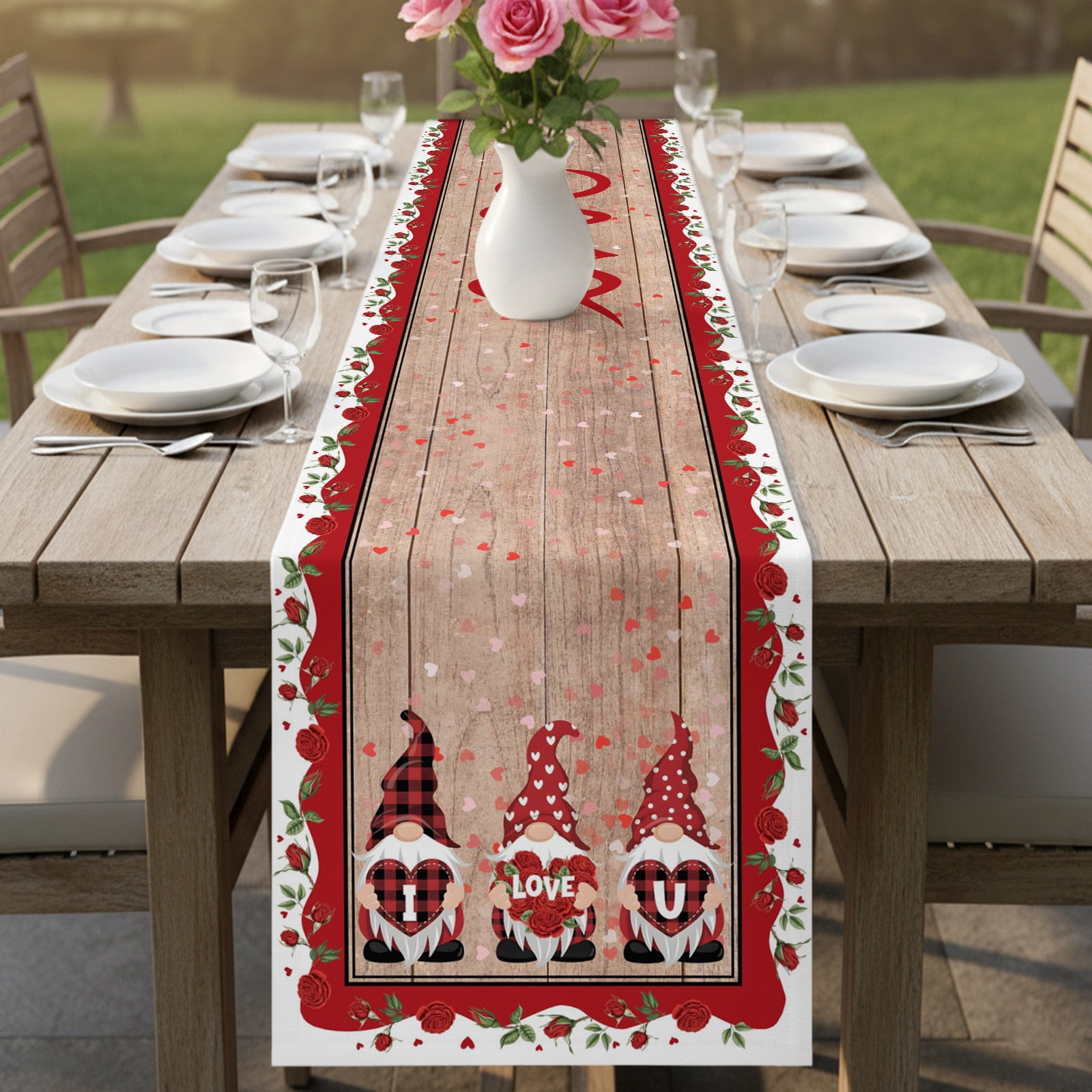 Cartoon Valentine Dwarf on Retro Wood Board Table Runner 13x36in Non ...