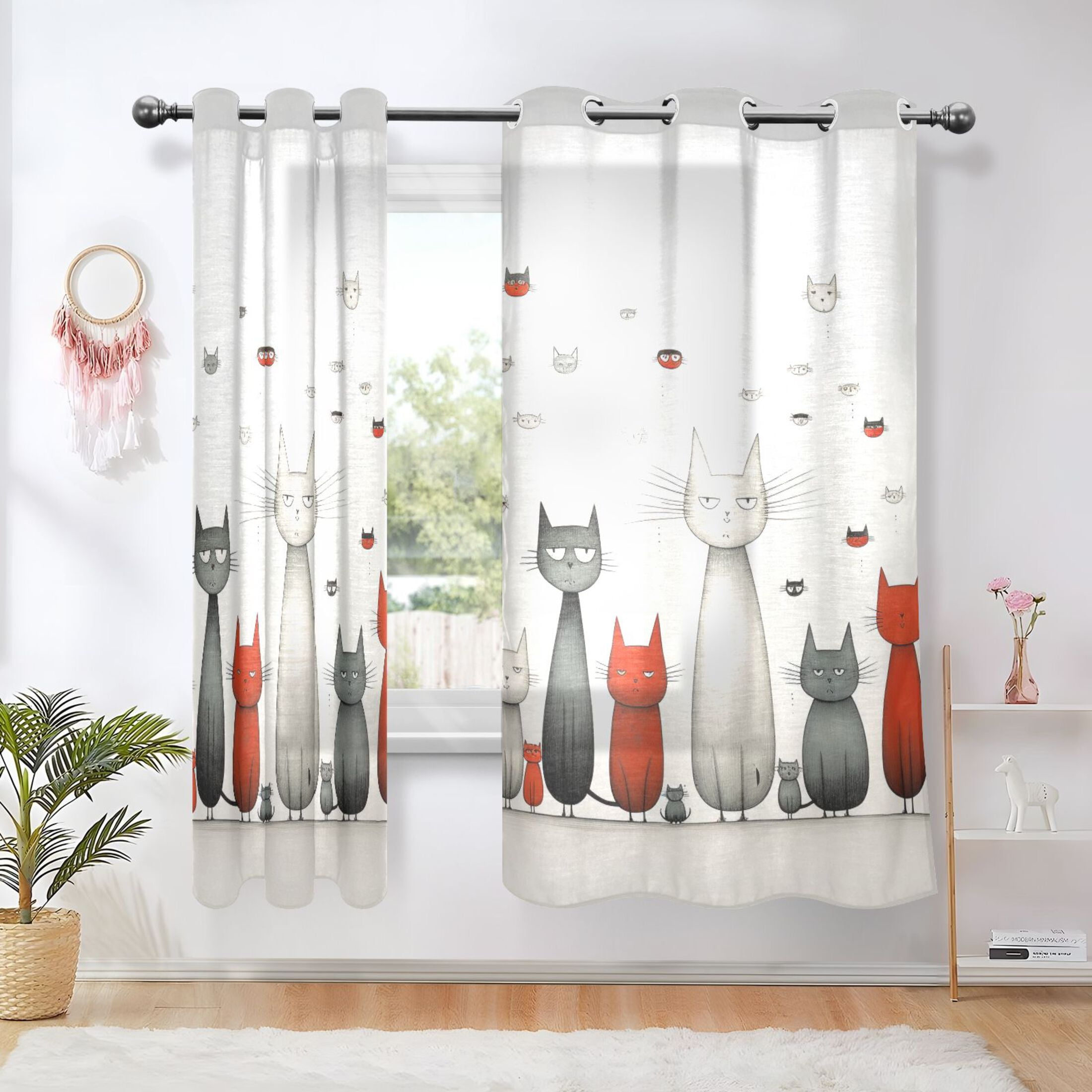 Cartoon Various Size Cats Sheer Curtains 2 Panels Set Grommet Drapes ...