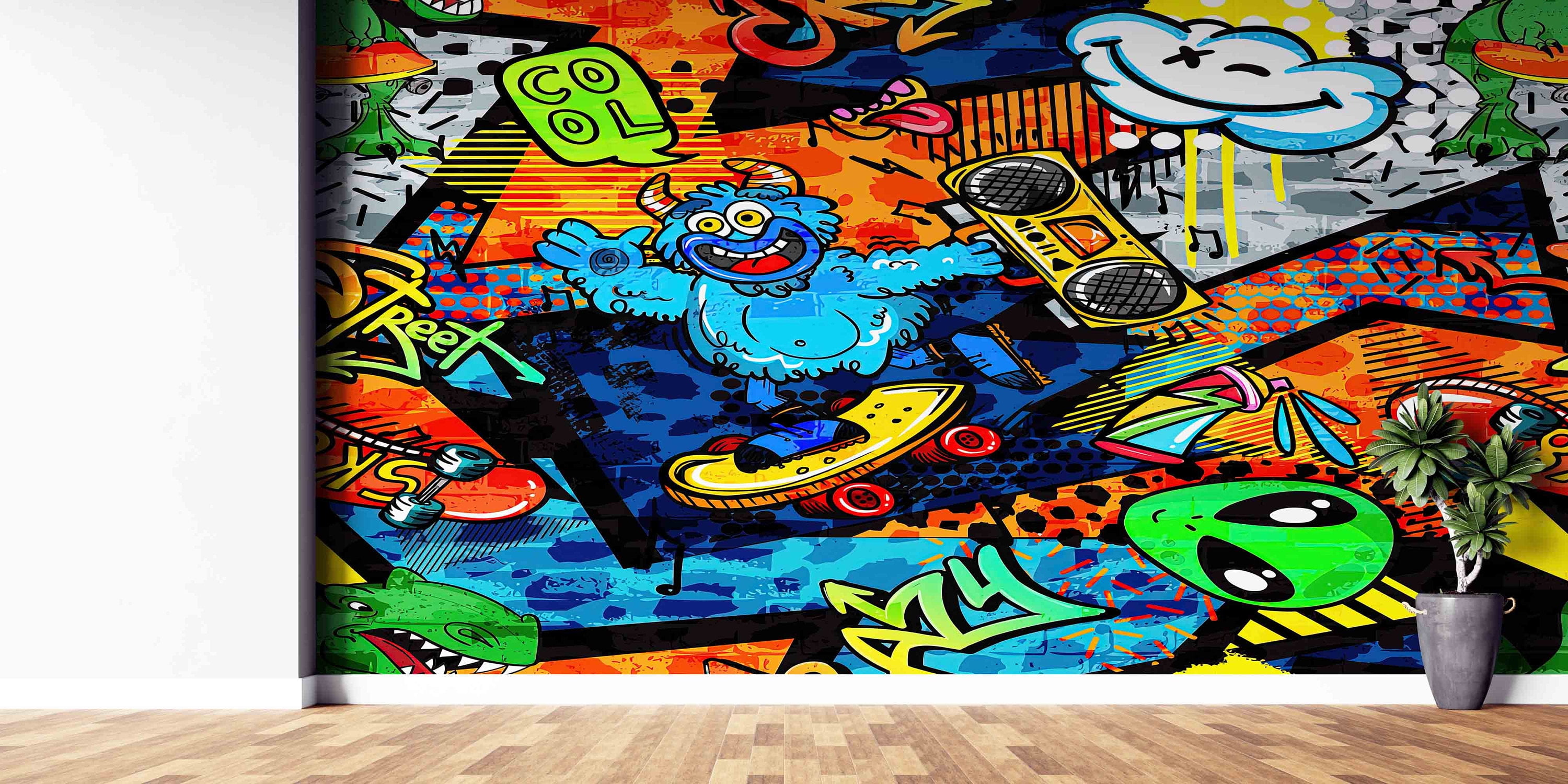 Cartoon Wall Print, Skate Park Wallpaper, Bright Wallpaper, Modern ...