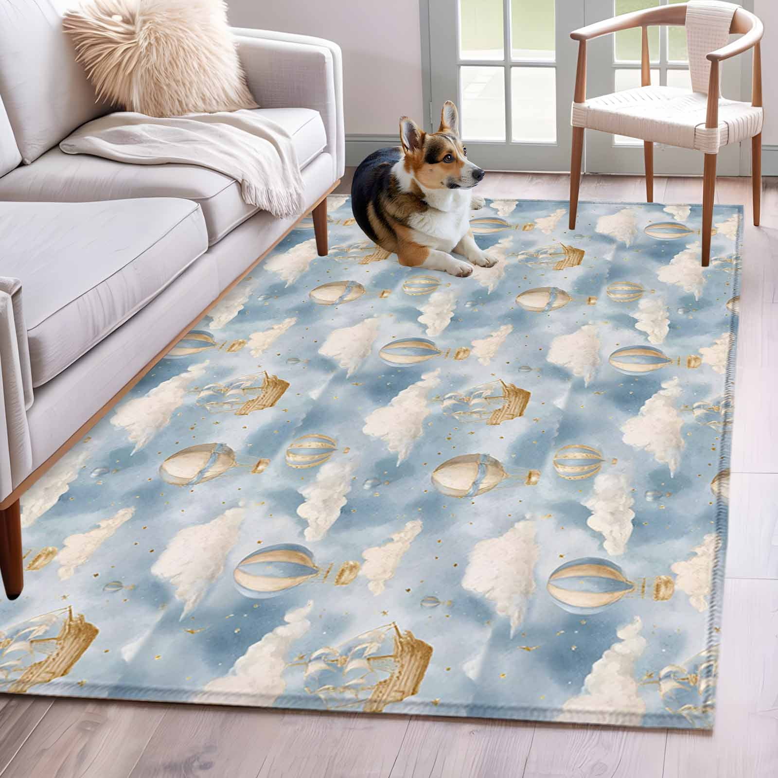 Cartoon Washable Area Rug 2.7x5 Watercolor Blue Sky Fantasy Hot Air ...